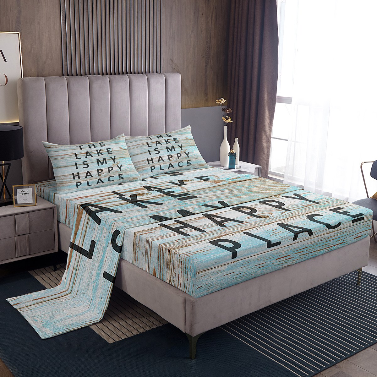 Lake House Sheet Set, King Size Rustic Farmhouse Style Sheets Retro Beige Wooden Plank Theme Bed ...