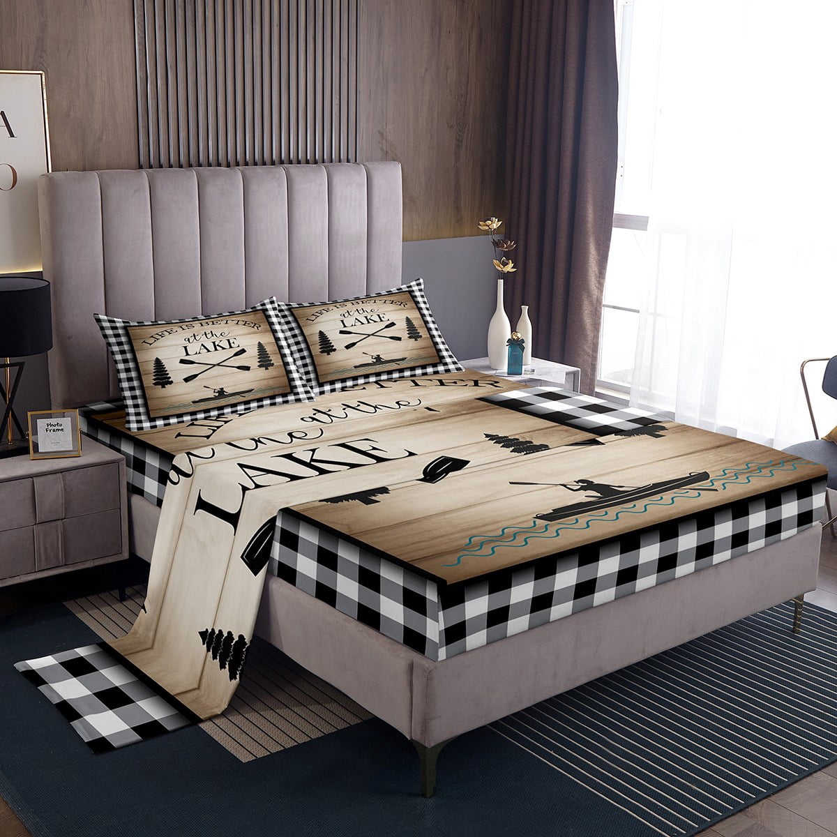 Lake Life Bed Sheets Set, Rustic Farmhouse Sheet Set Queen, Geometric ...