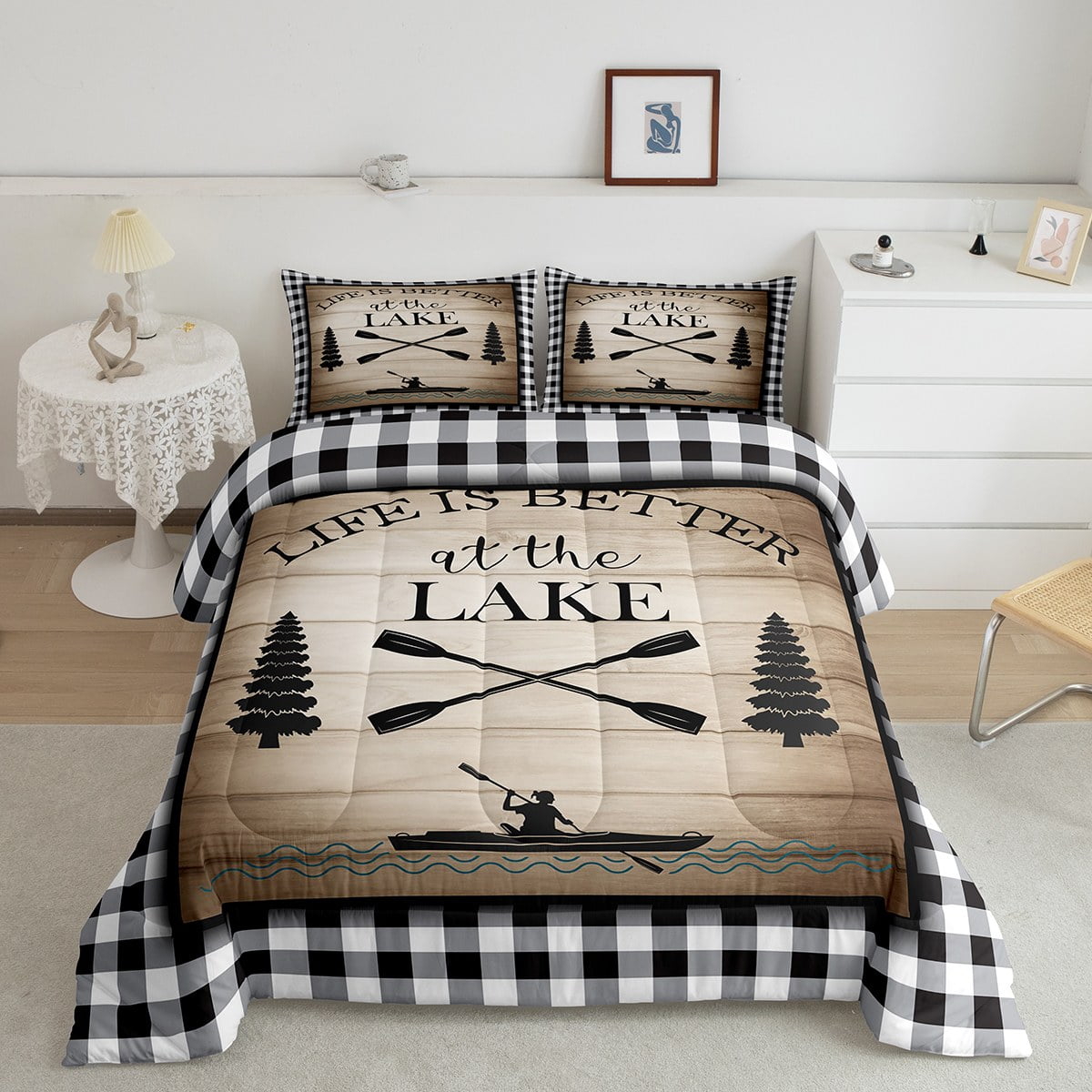 Lake Life Comforter Set, Rustic Farmhouse Bedding Set Twin, Geometric ...