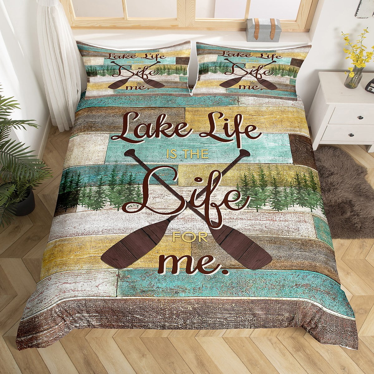 Lake Life Decor Bedding Set Brown Vintage Lake Paddle Comforter Cover ...