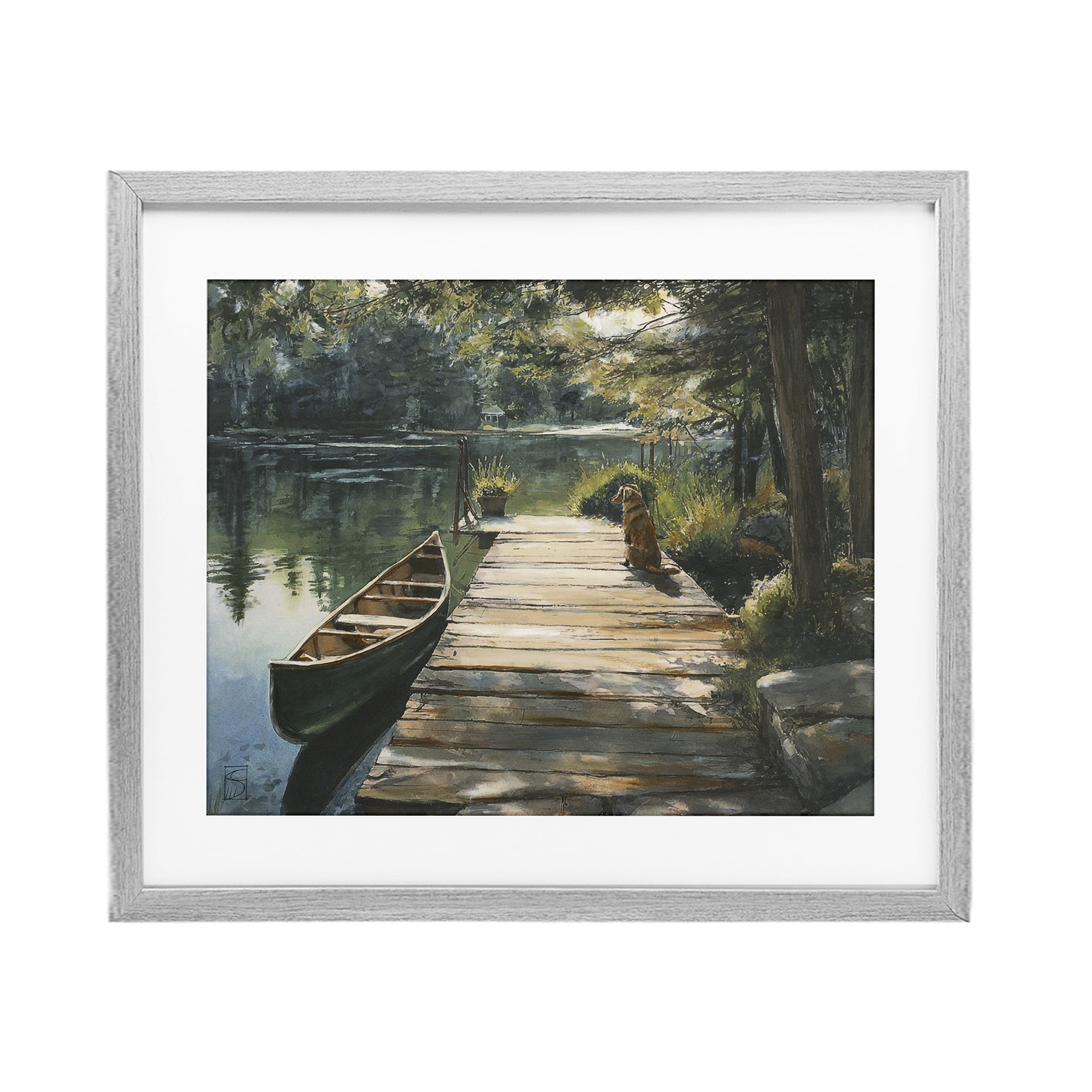 Lake Life Dog on Dock Gray Framed Print Under Glass, design by Sara ...
