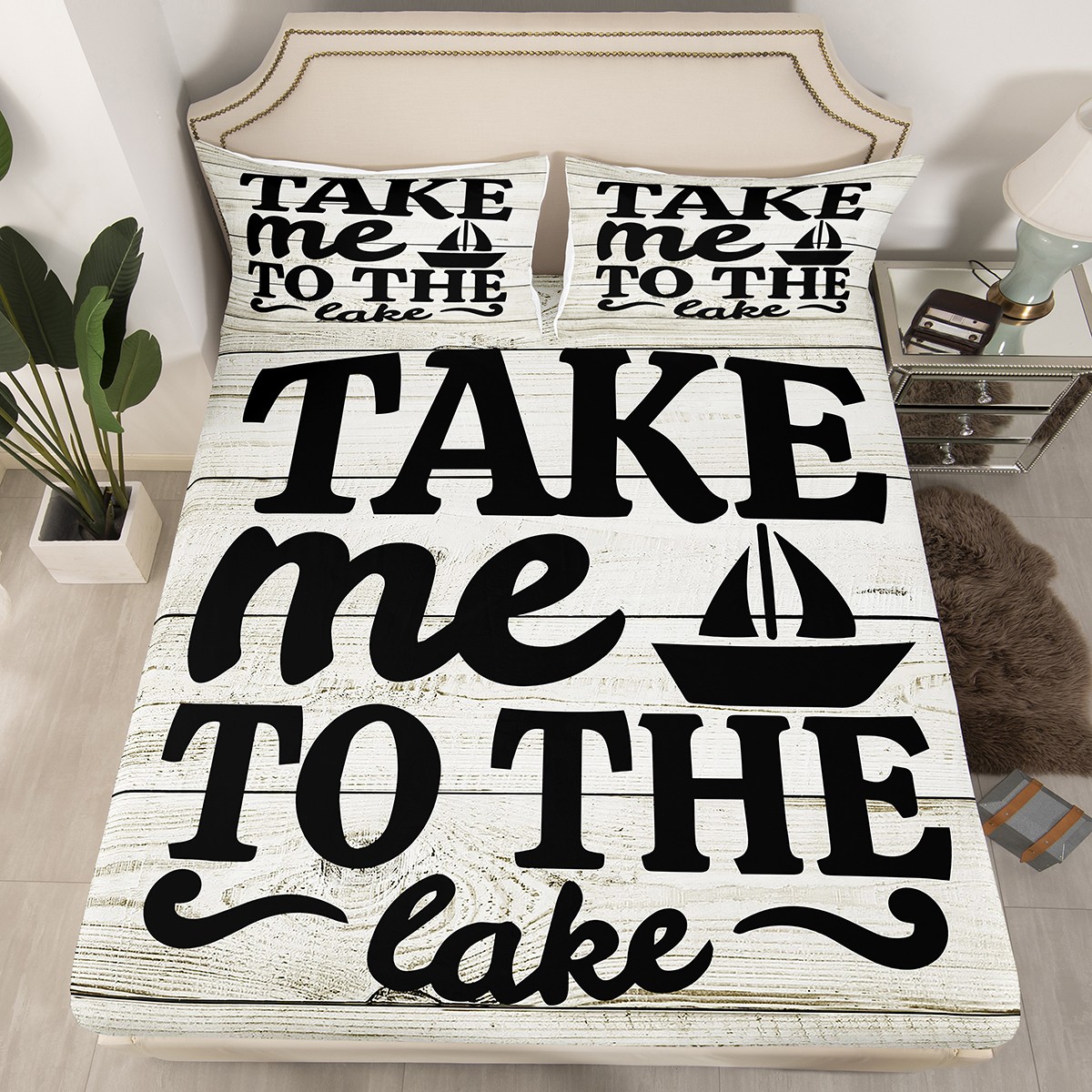 Lake Life Fitted Sheet Full Size, Sailboat Wood Grain Bedding Set Lake ...