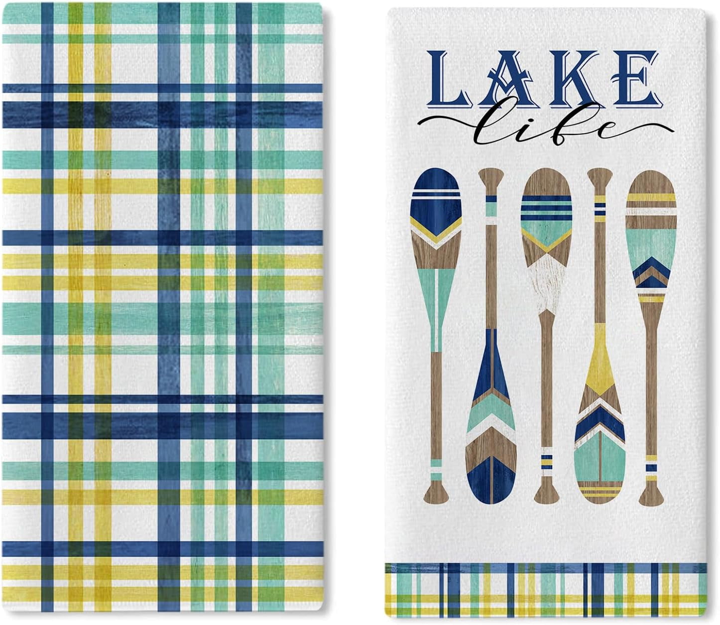 Lake Life Paddle Kitchen Dish Towels Set of 2, Lakehouse Plaid Check ...