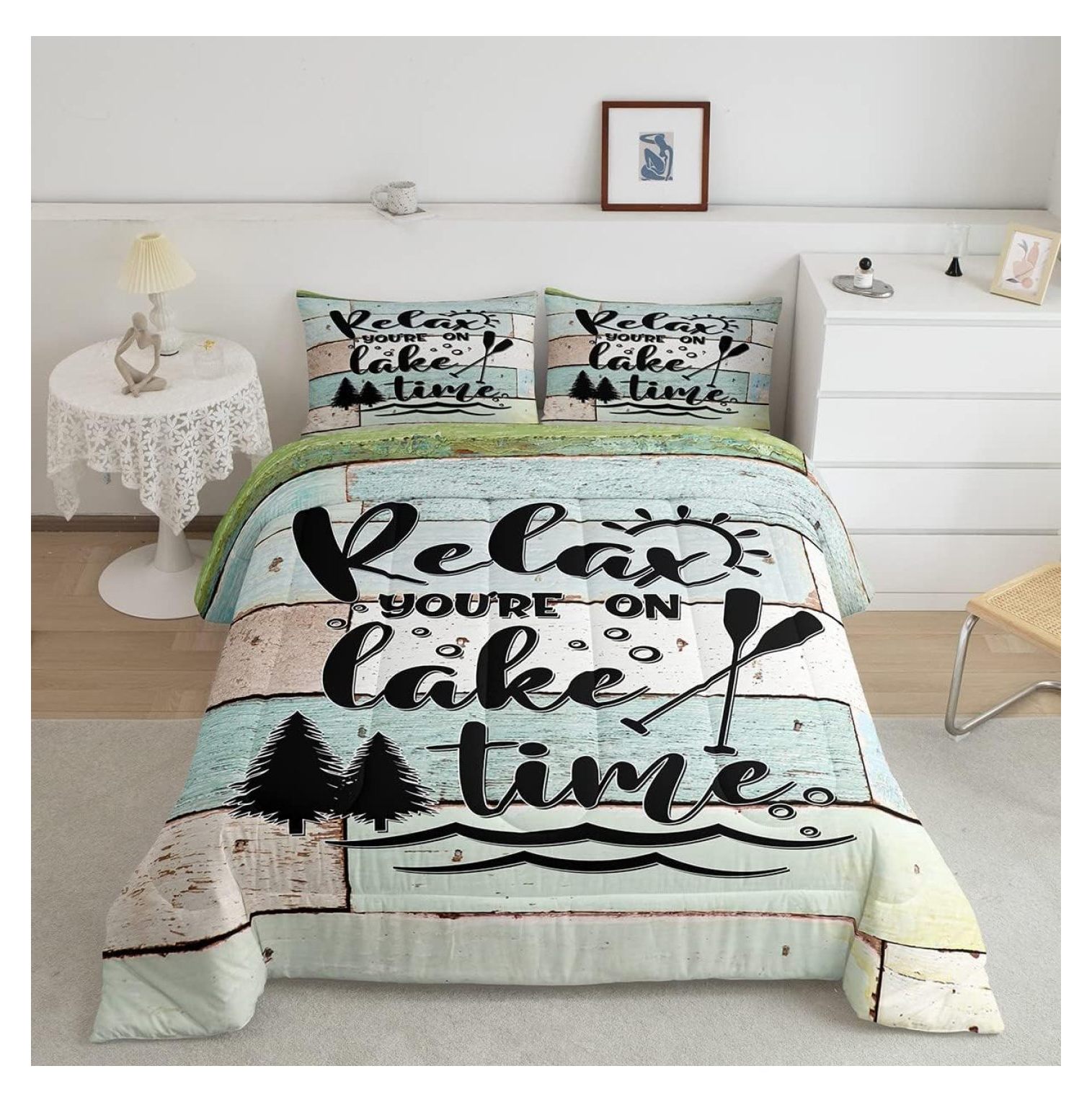 Lake Life Theme Comforter Set Queen Size,Light Blue Green Wood Stripes ...