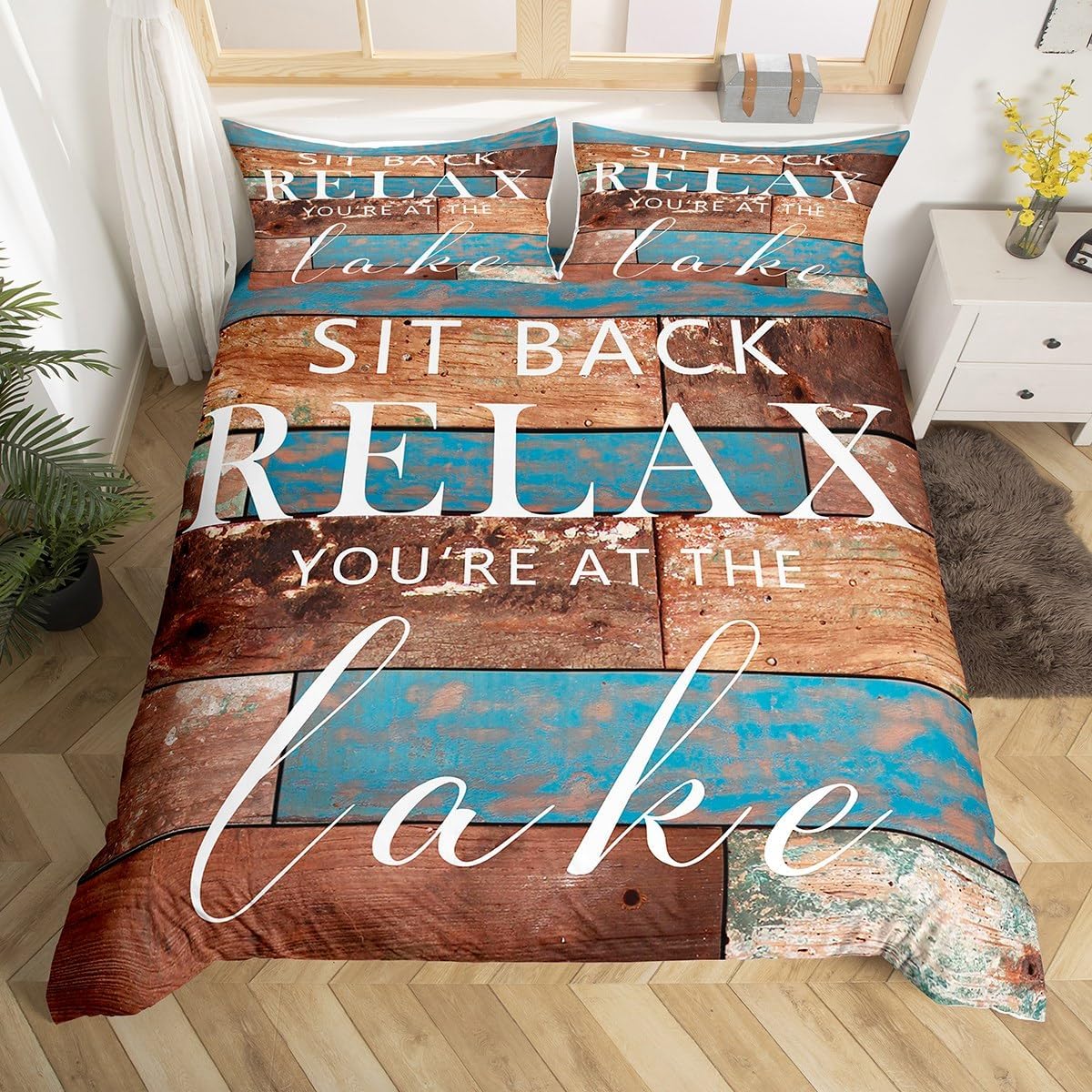 Lake Life Theme Duvet Cover, Rustic Farmhouse Bedding Set,Brown and ...
