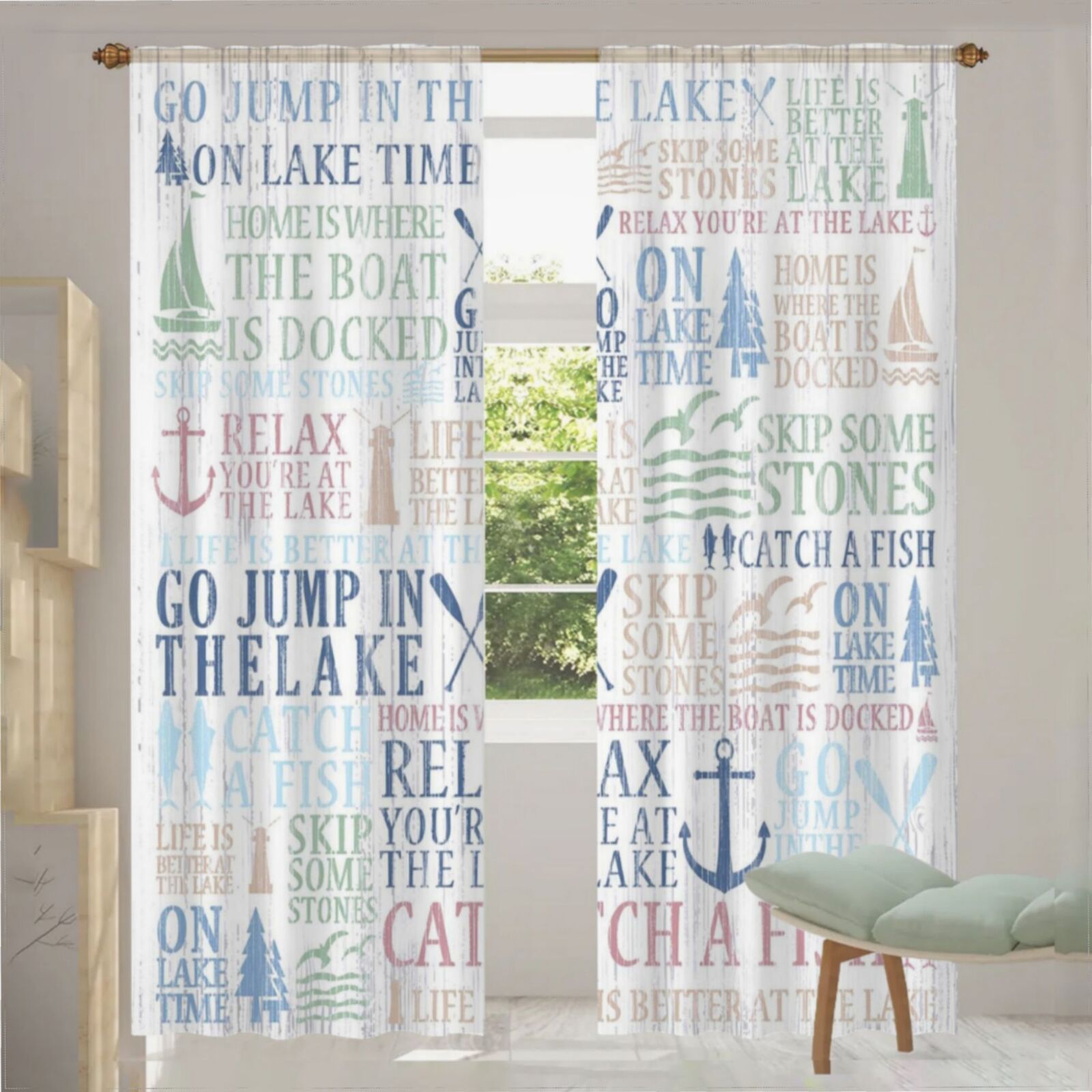 Lake Life Tree Boat Paddle Lighthouse Fish Pattern Sheer Window ...