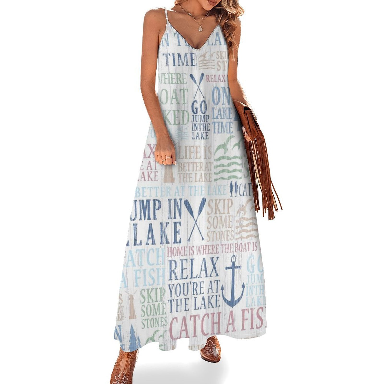 Lake Life Tree Boat Paddle Lighthouse Fish Pattern Sleeveless Dress ...