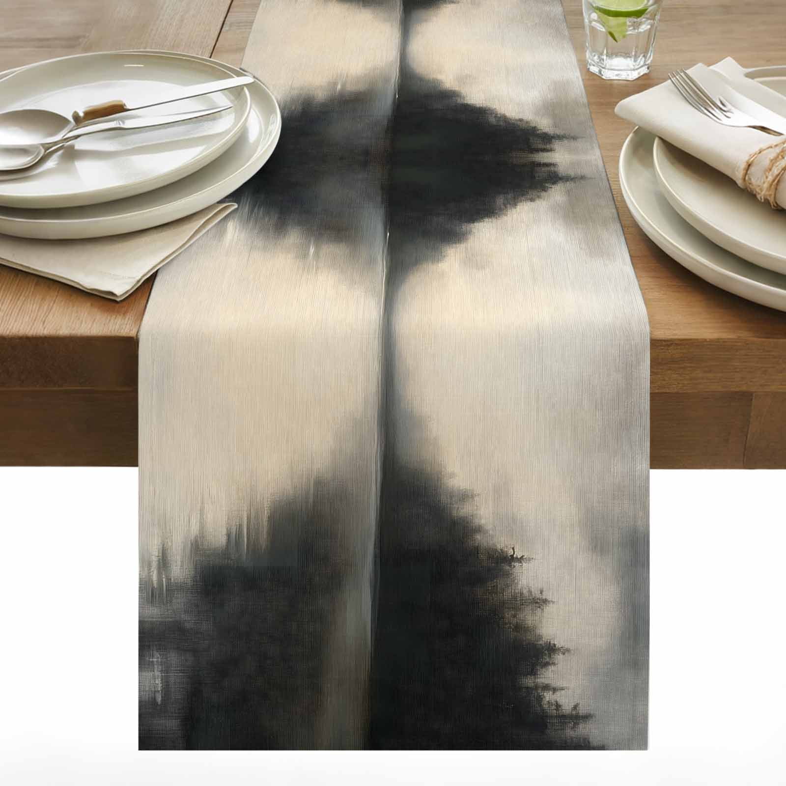 Lake Mountain Table Runner 13x108 inch Landscape Fog Forest Cotton ...