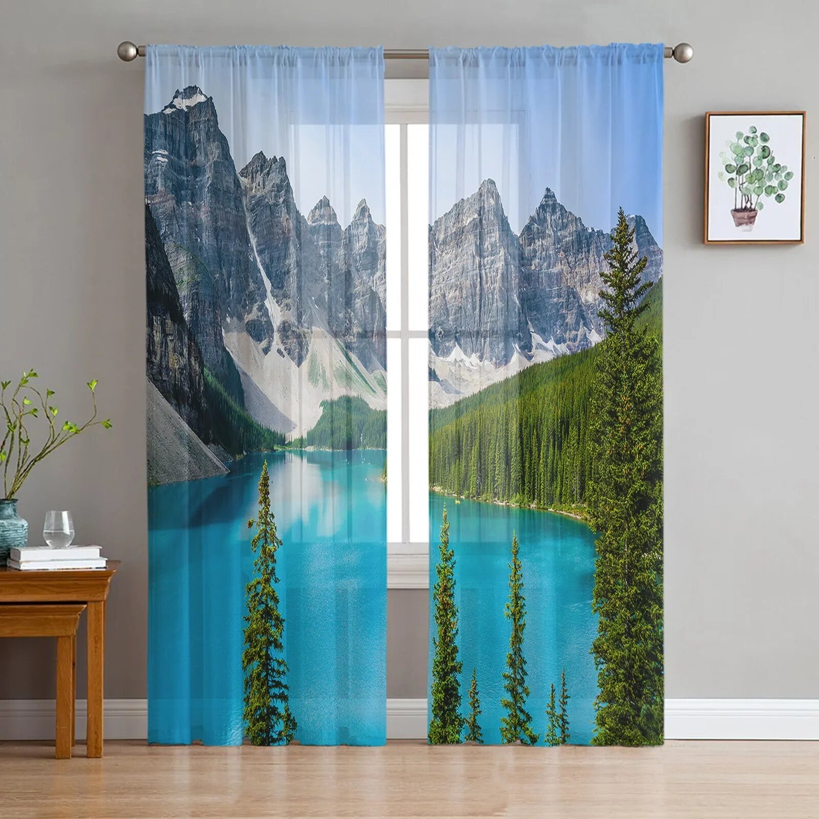 Lake Nature Trees Mountains Sky Clouds Blue Tulle Sheer Window Curtains ...