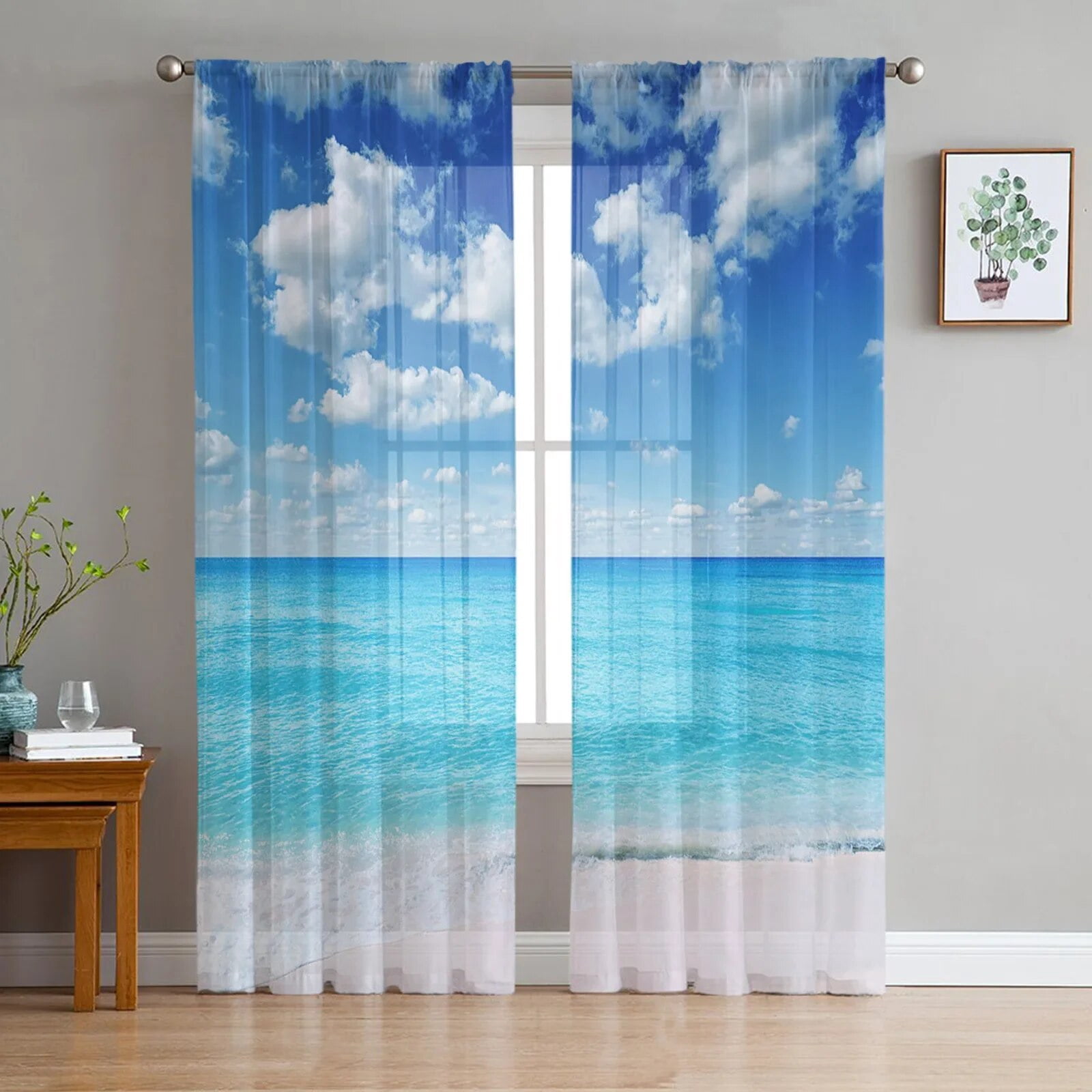 Lake Nature Trees Mountains Sky Clouds Blue Tulle Sheer Window Curtains ...