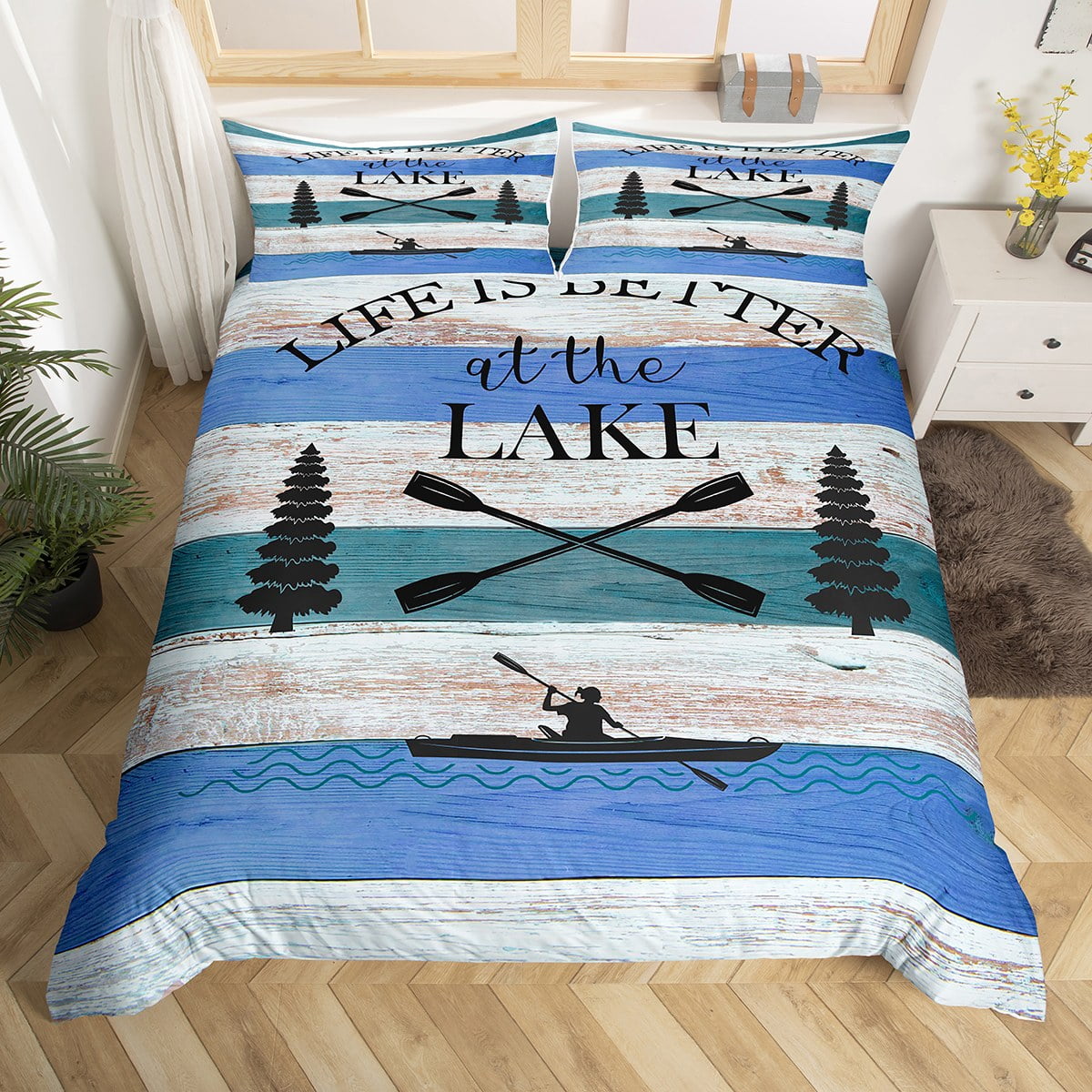 Lake Paddle Decor Bedding Set Queen Size, Lake House Duvet Cover For ...