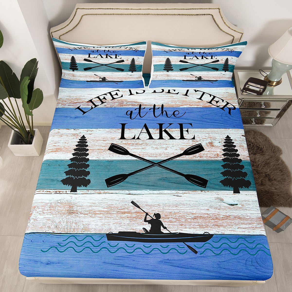 Lake Paddle Decor Bedding Set Queen Size, Lake House Fitted Sheet Teens ...