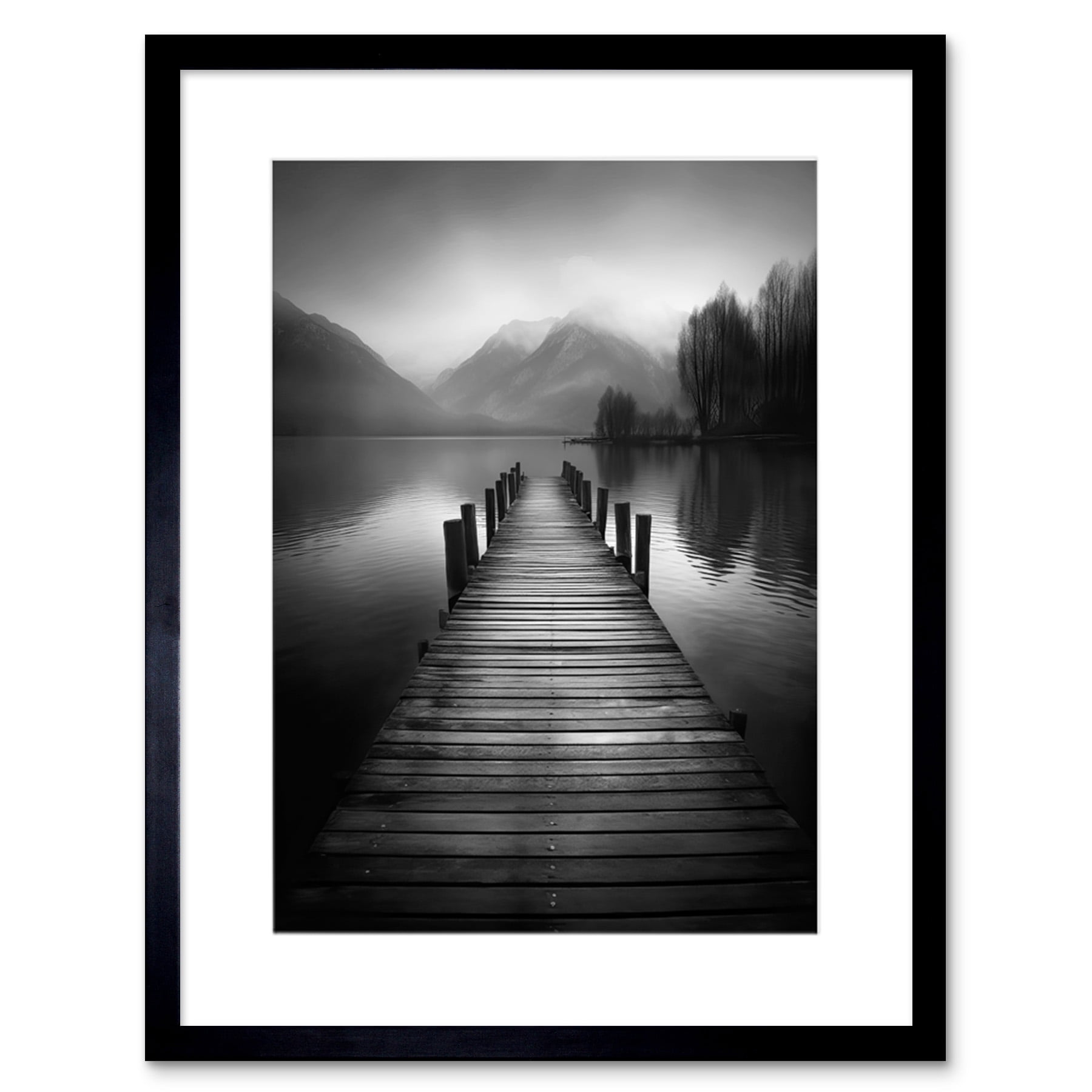 Lake Pier Mountain Landscape Black and White Photo Artwork Framed Wall ...