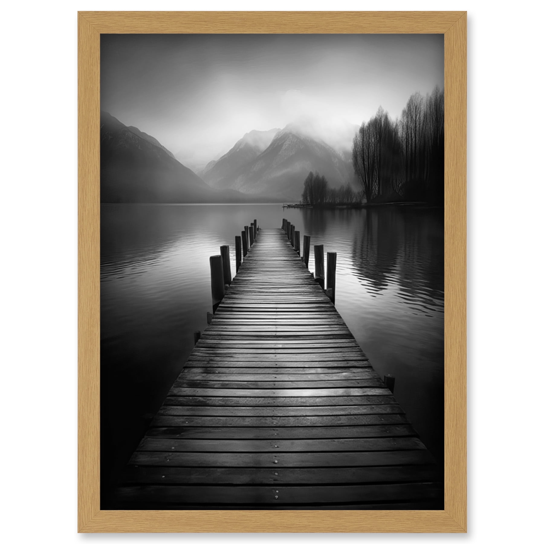 Lake Pier Mountain Landscape Black and White Photo Artwork Framed Wall ...