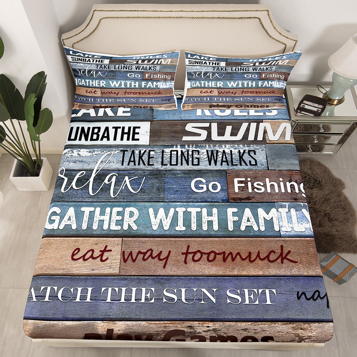 Lake Rules Queen Fitted Sheet Vintage Wooden Door Bed Set Rustic ...