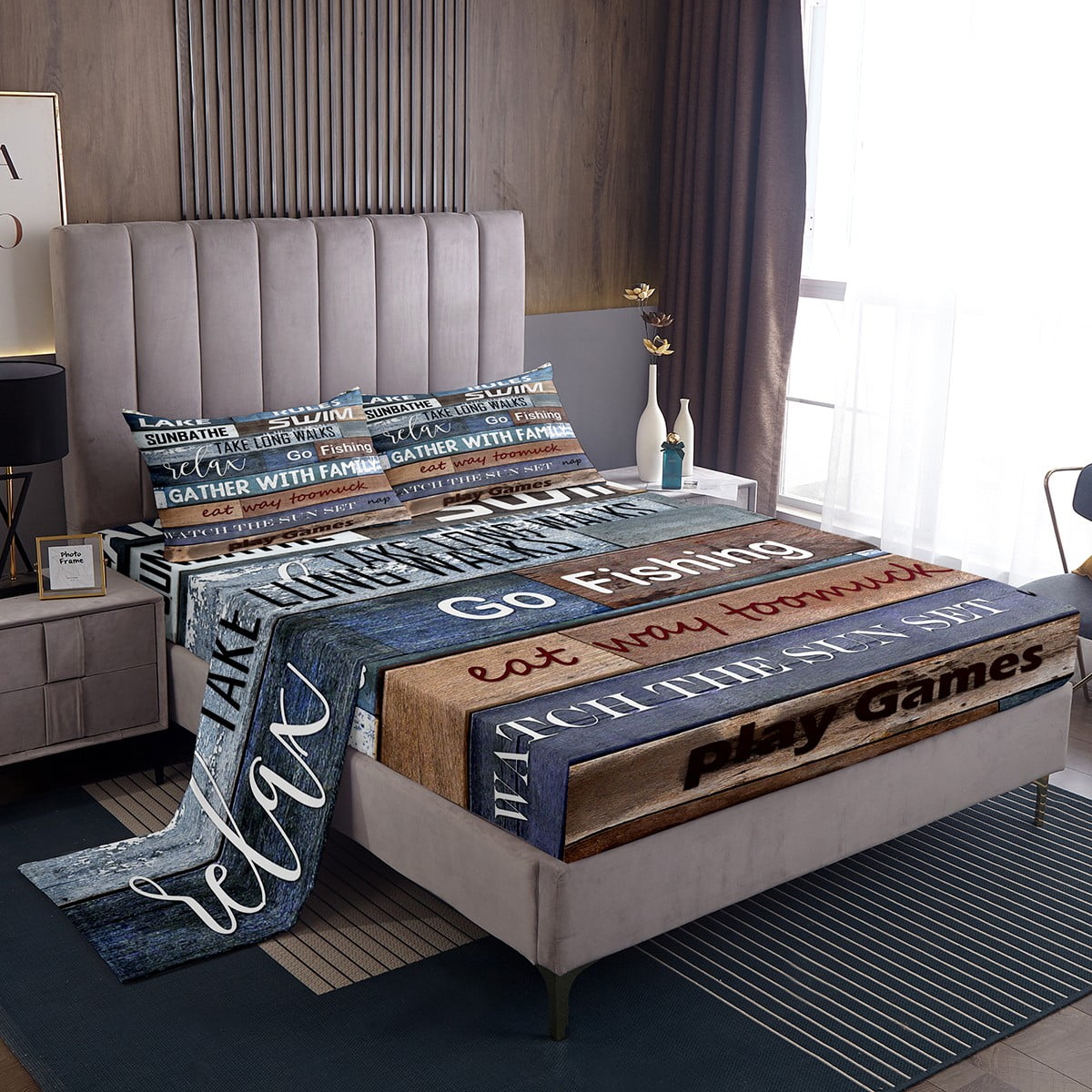 Lake Rules Twin Bed Sheets Set Vintage Wooden Door Sheets Kids Rustic ...