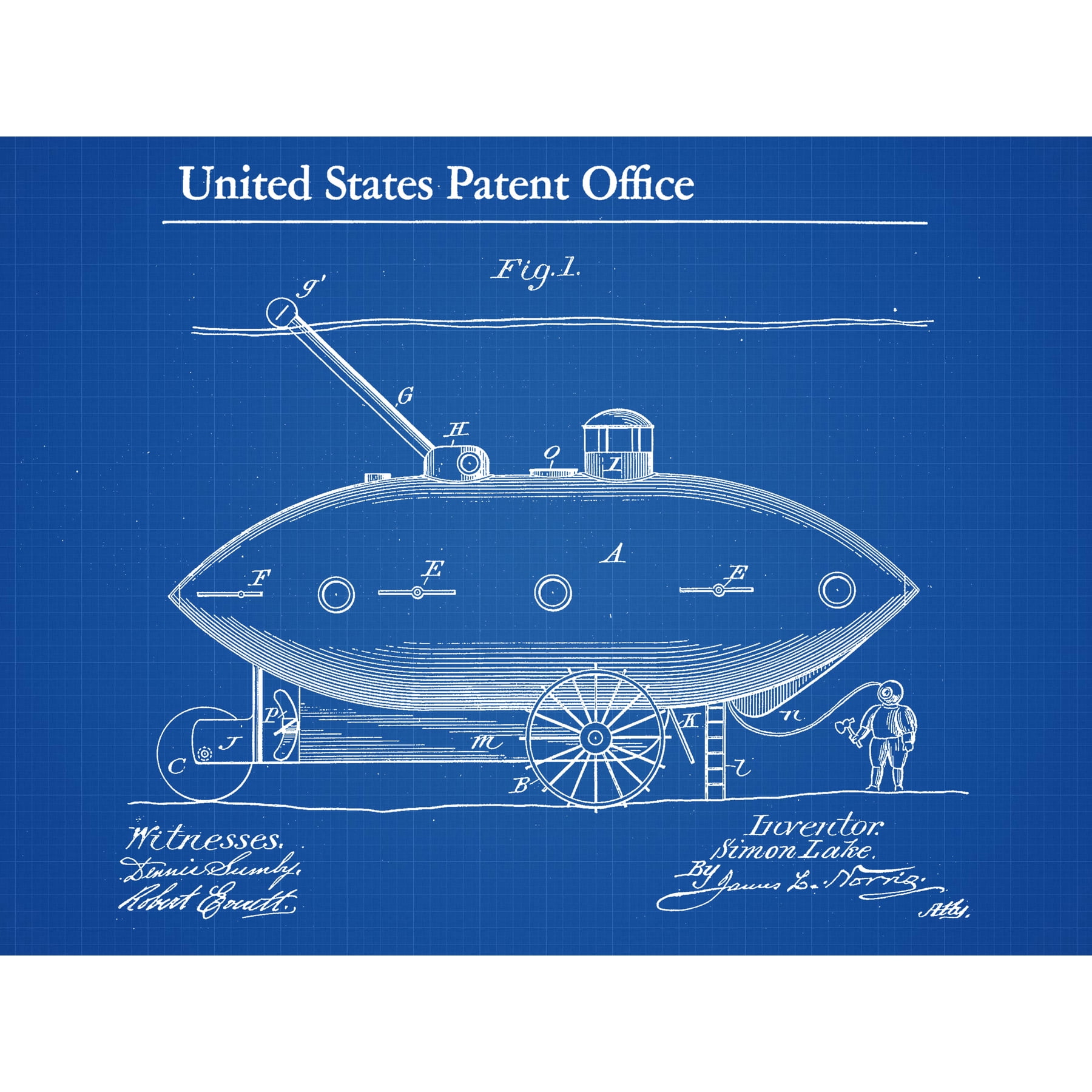Lake Submarine Vessel Exterior 1897 Patent Plan Extra Large XL Wall Art ...