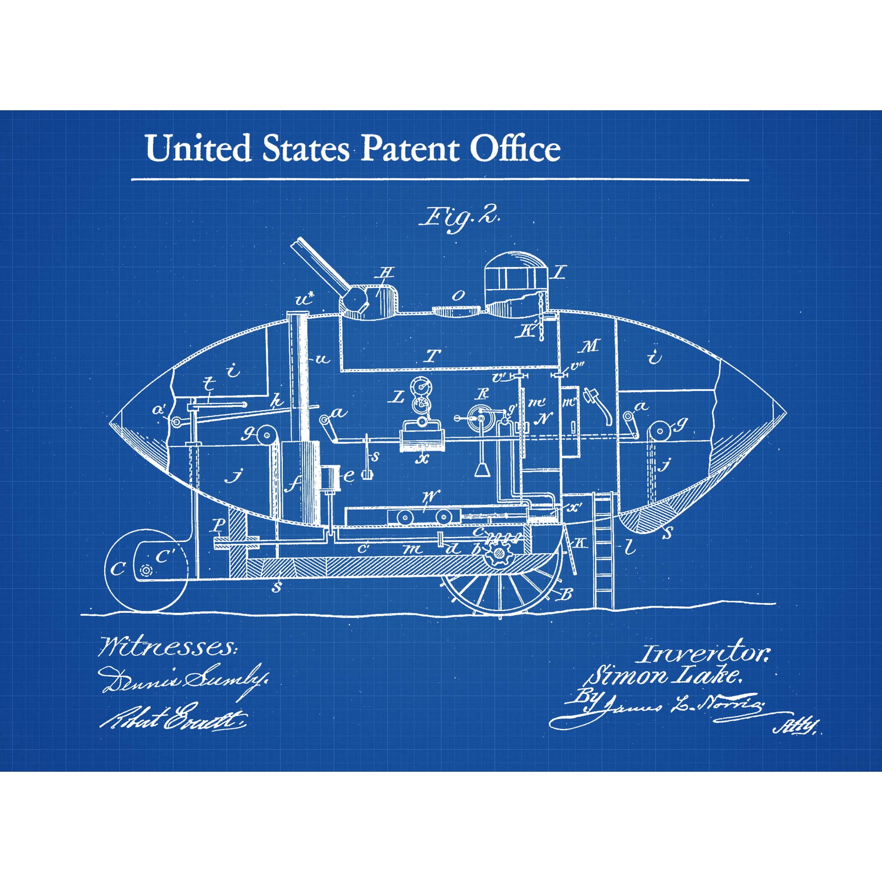 Lake Submarine Vessel Interior 1897 Patent Plan Extra Large XL Wall Art ...