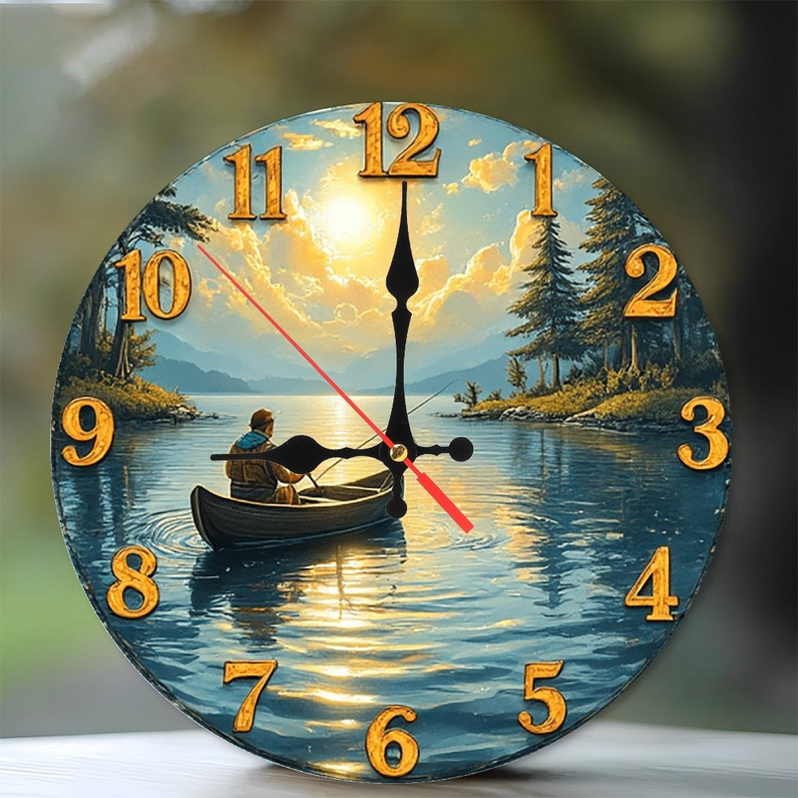 Lake Sunset Fishing Canoe Wall Clock 10-Inch Silent Wooden Wall Clock ...