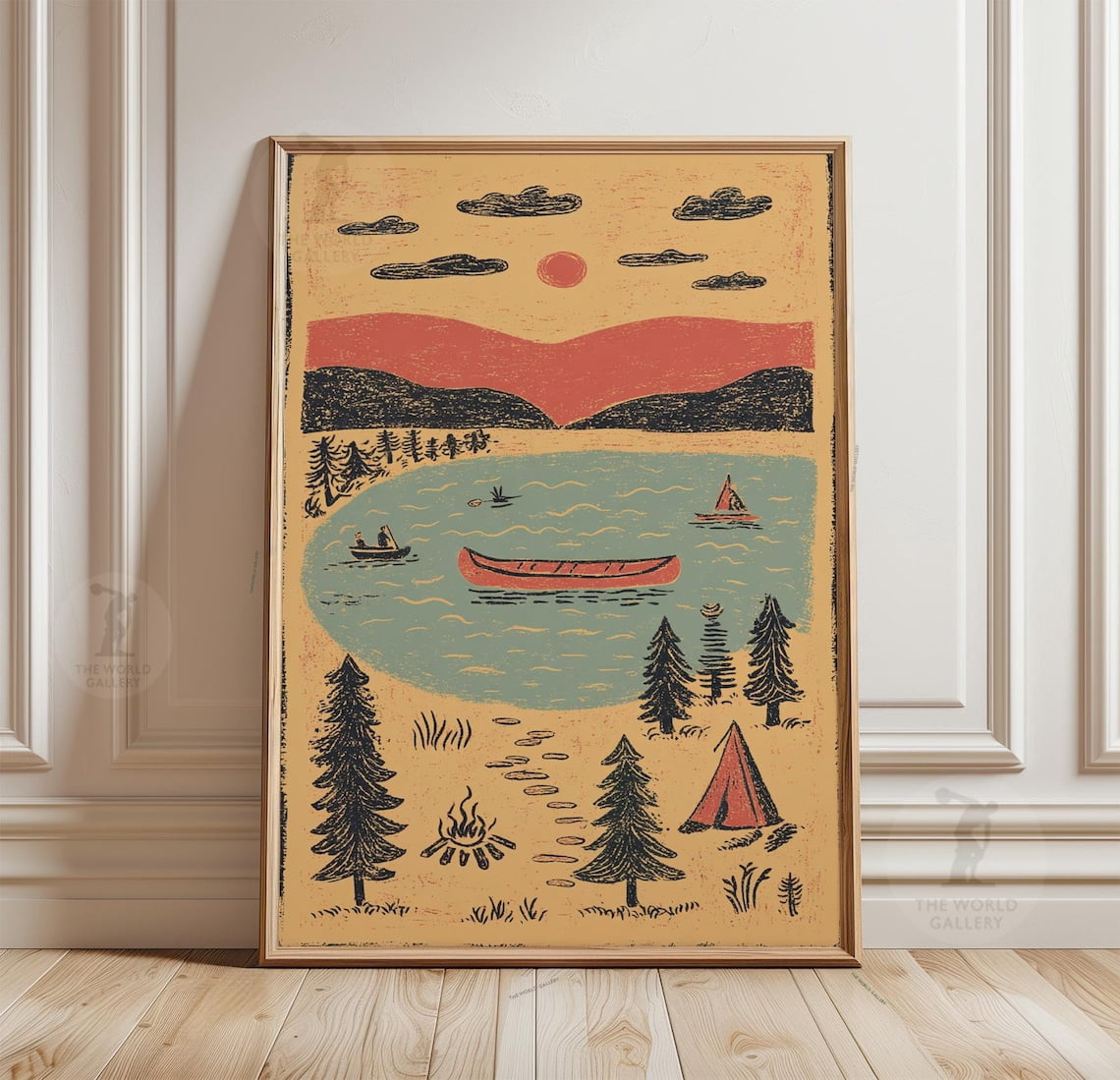 Lake Sunset Folk Art Nature Camping Landscape Illustration, Stretched ...