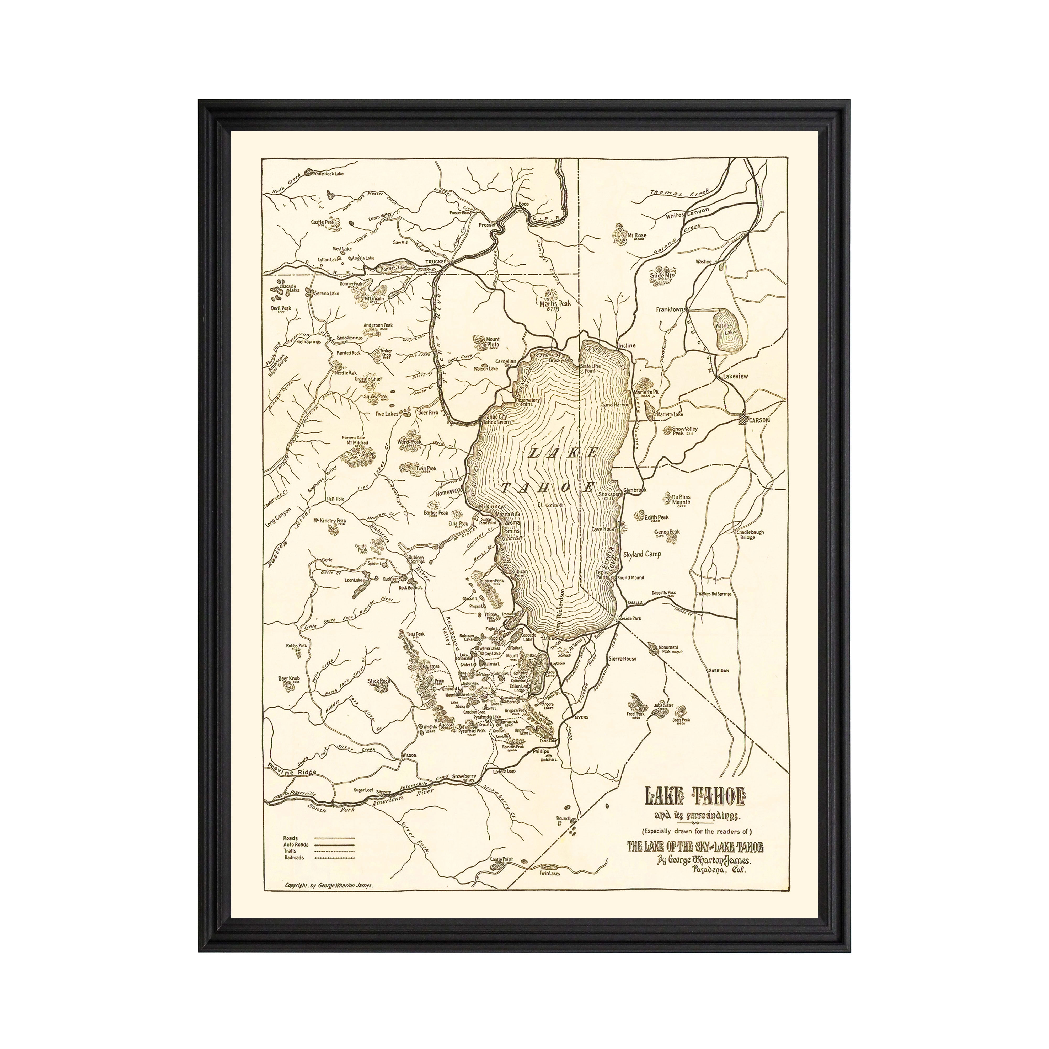 Lake Tahoe Art, 1915 Vintage Map of Lake Tahoe History Wall Decor Gift ...