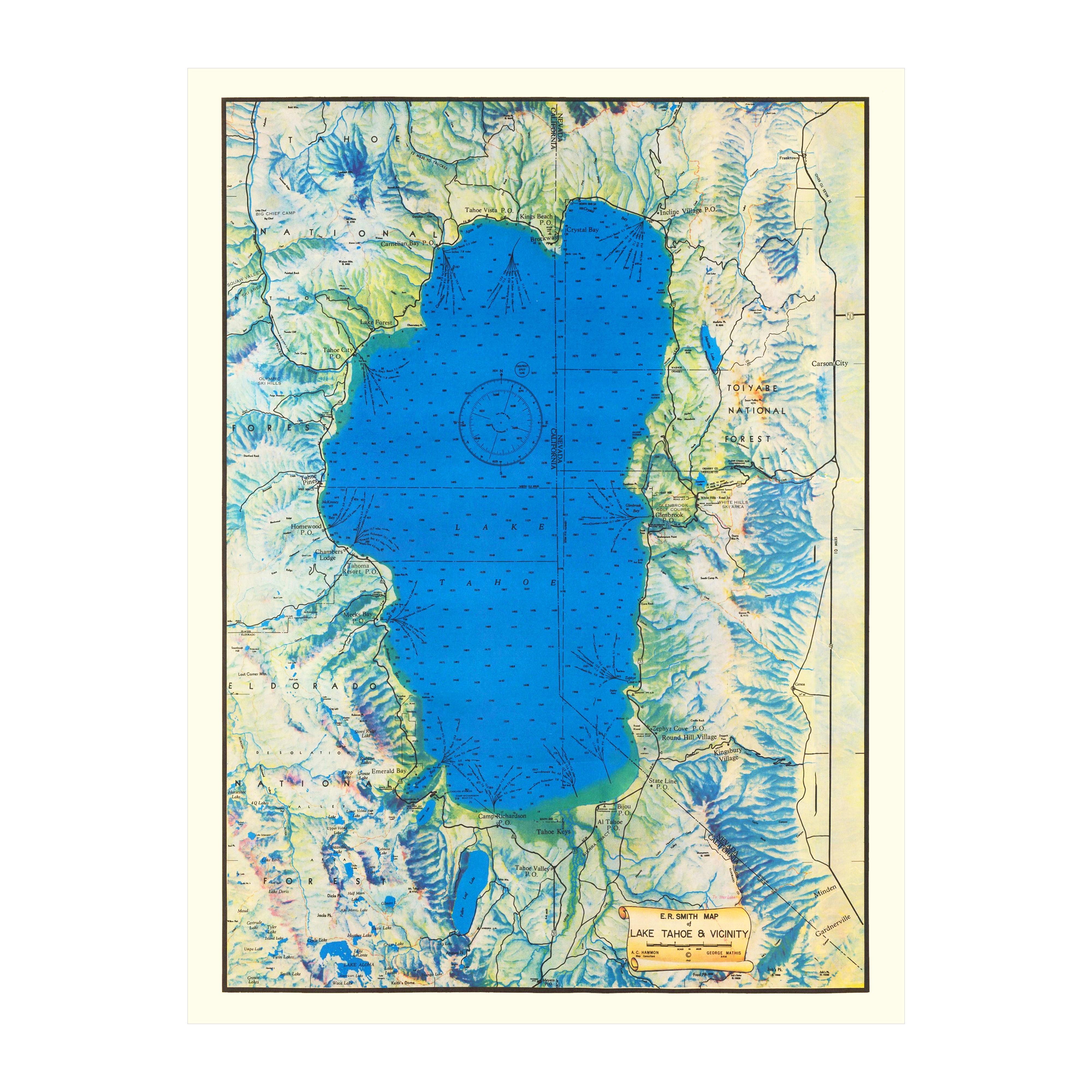 Lake Tahoe Art, 1947 Vintage Map of Lake Tahoe History Wall Decor Gift ...