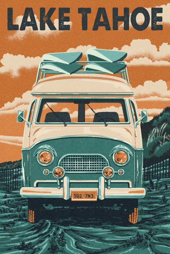 Lake Tahoe, Letterpress, Camper Van (16x24 Giclee Gallery Art Print ...