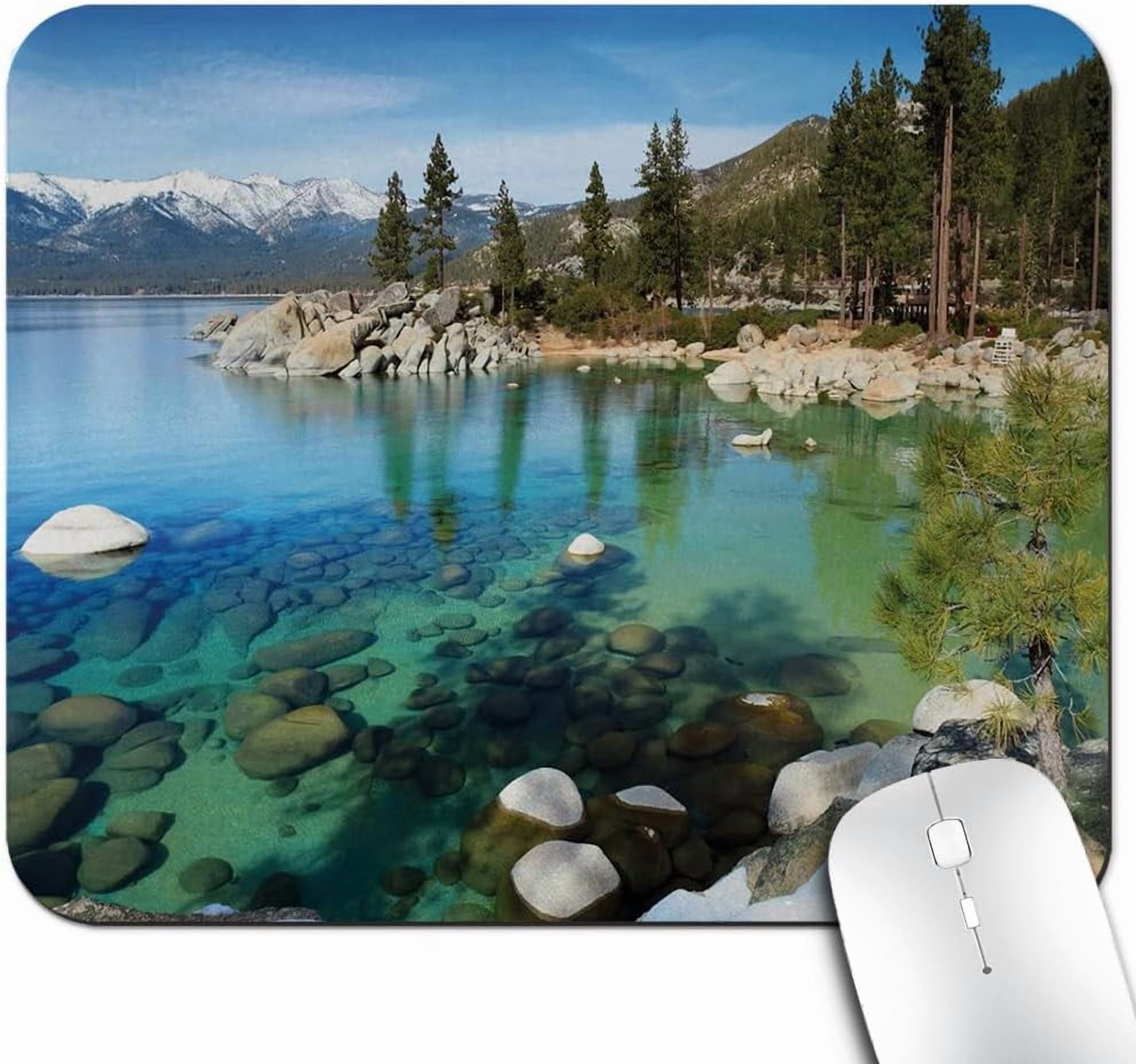 Lake Tahoe Mouse Pad, Scenic American Places Mountains with Snow Rocks ...