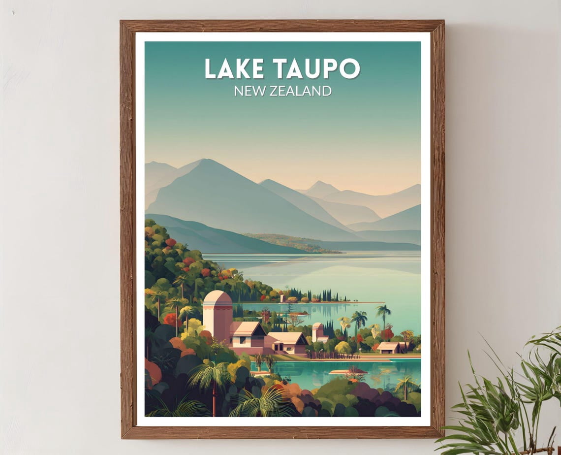 Lake Taupo New Zealand Retro Travel Mid Century Modern Vintage ...