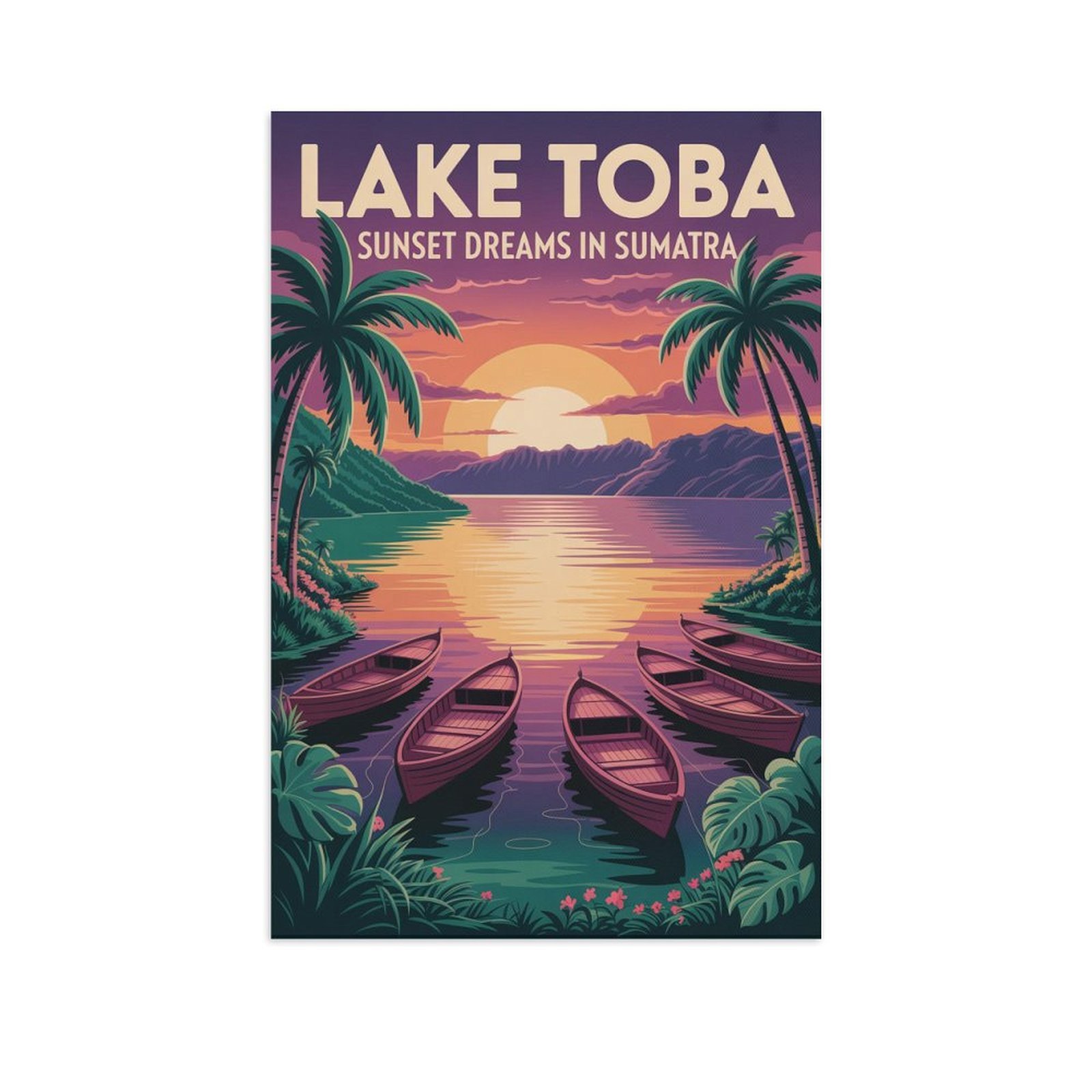Lake Toba Sunset Dreams in Sumatra Vintage Travel Poster Retro ...