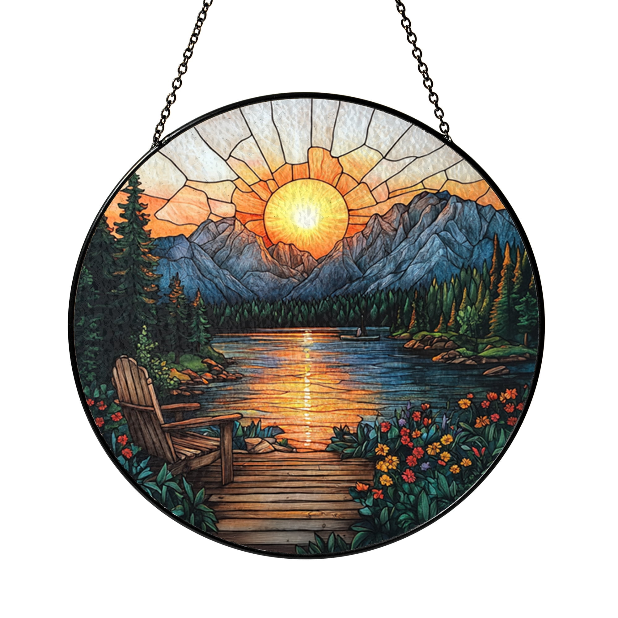 Lake View Stained Glass Suncatcher – Canoe Dock Window Hanging Nature ...