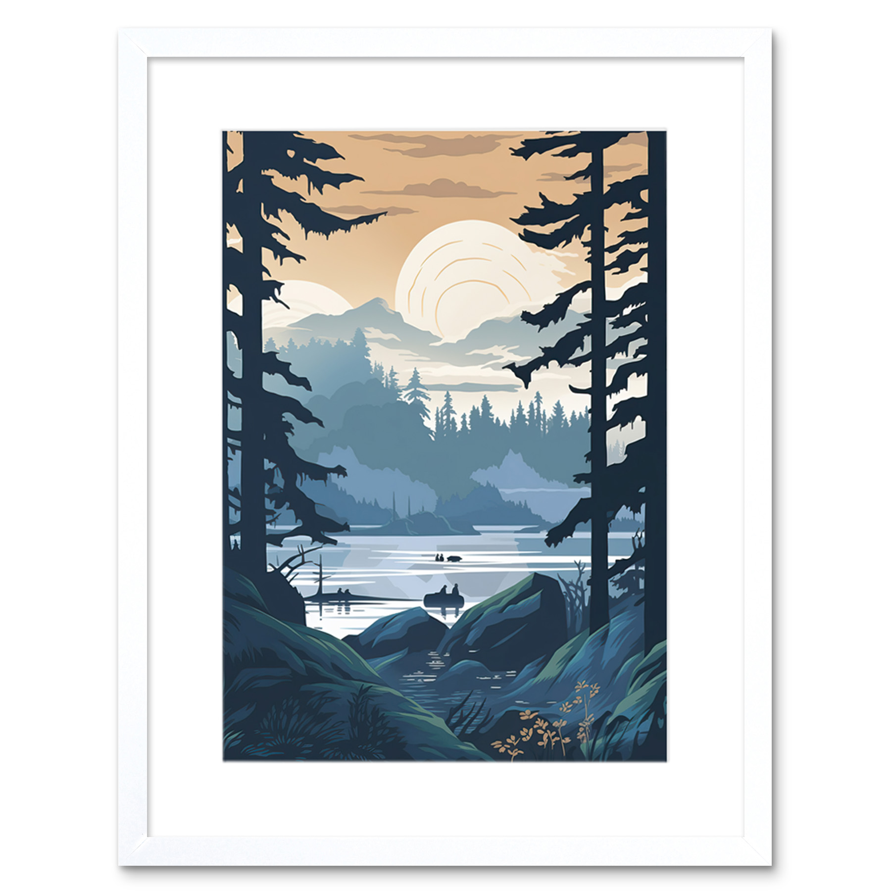 Lake View in Rainforest Landscape Illustration Artwork Framed Wall Art ...