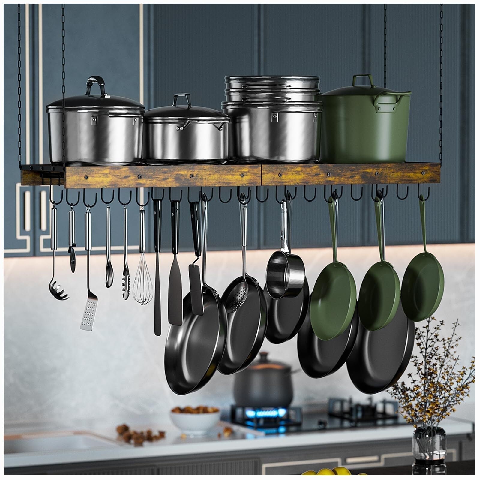Lakecy Heavy Duty Ceiling Pot Rack - 24-Hook Rustproof Steel Organizer for Kitchen Utensil ...
