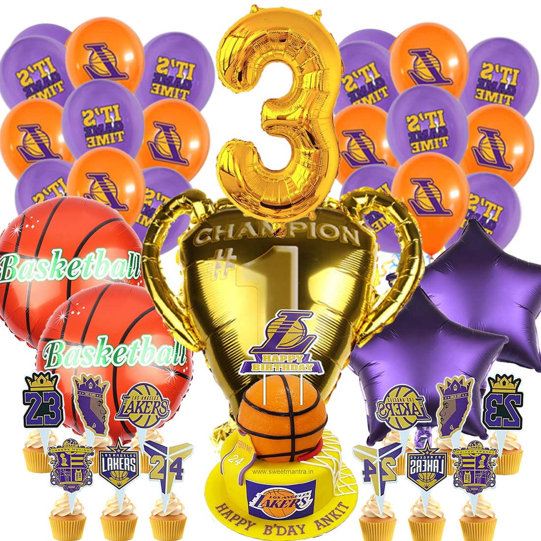 Lakers Kobe Party Supplies 3rd Decor Kit Balloons Birthday Cake Topper ...