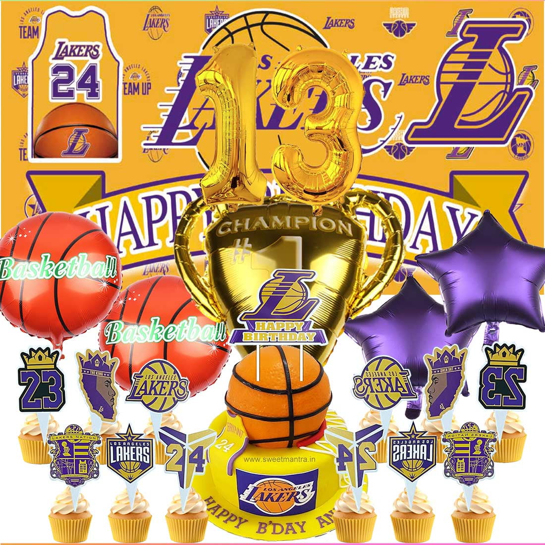 Lakers Kobe Party Supplies Decor 13th Kit Balloons Birthday Cake Topper ...