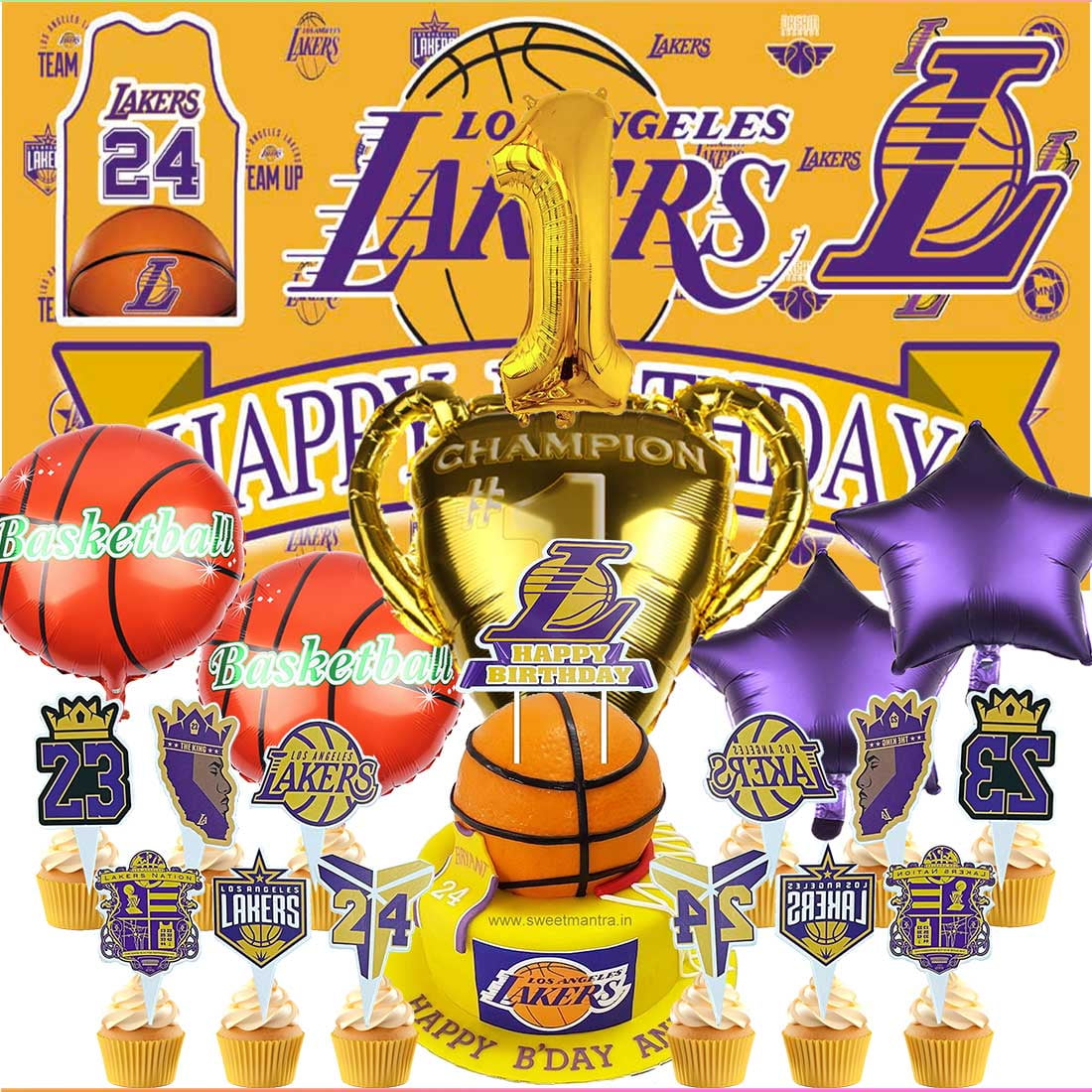 Lakers Kobe Party Supplies Decor 1st Kit Balloons Birthday Cake Topper ...