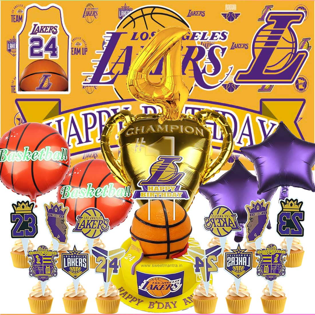 Lakers Kobe Party Supplies Decor 4th Kit Balloons Birthday Cake Topper ...
