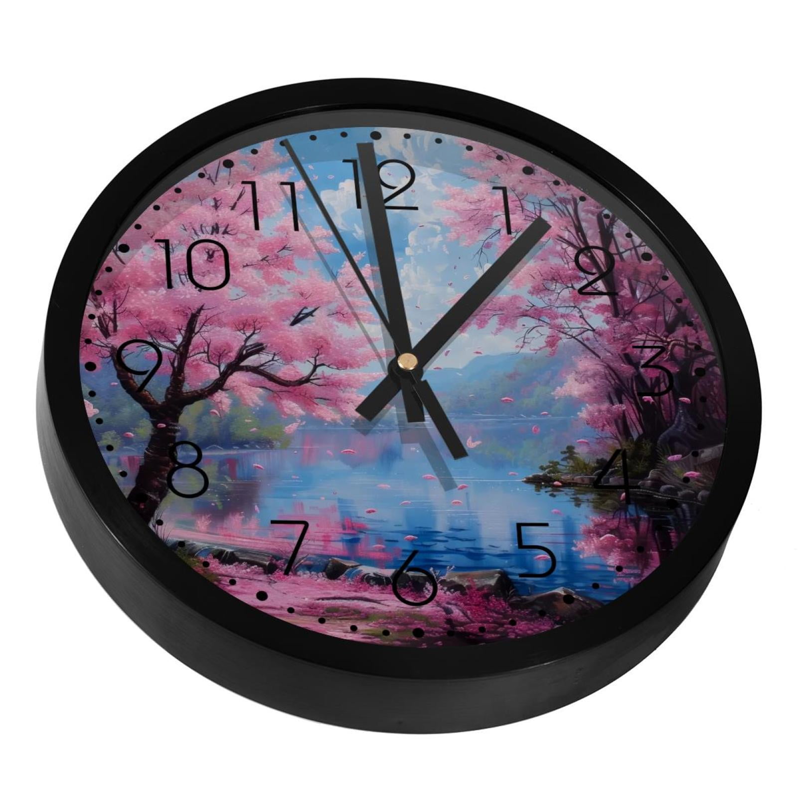 Lakeside Landscape Cherry Tree Silent Wall Clock, Non Ticking Battery ...