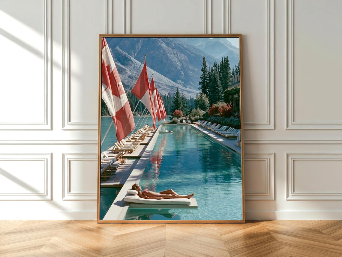 Lakeside Resort Pool Mountain View Scenic Travel Poster Unframed Paper ...