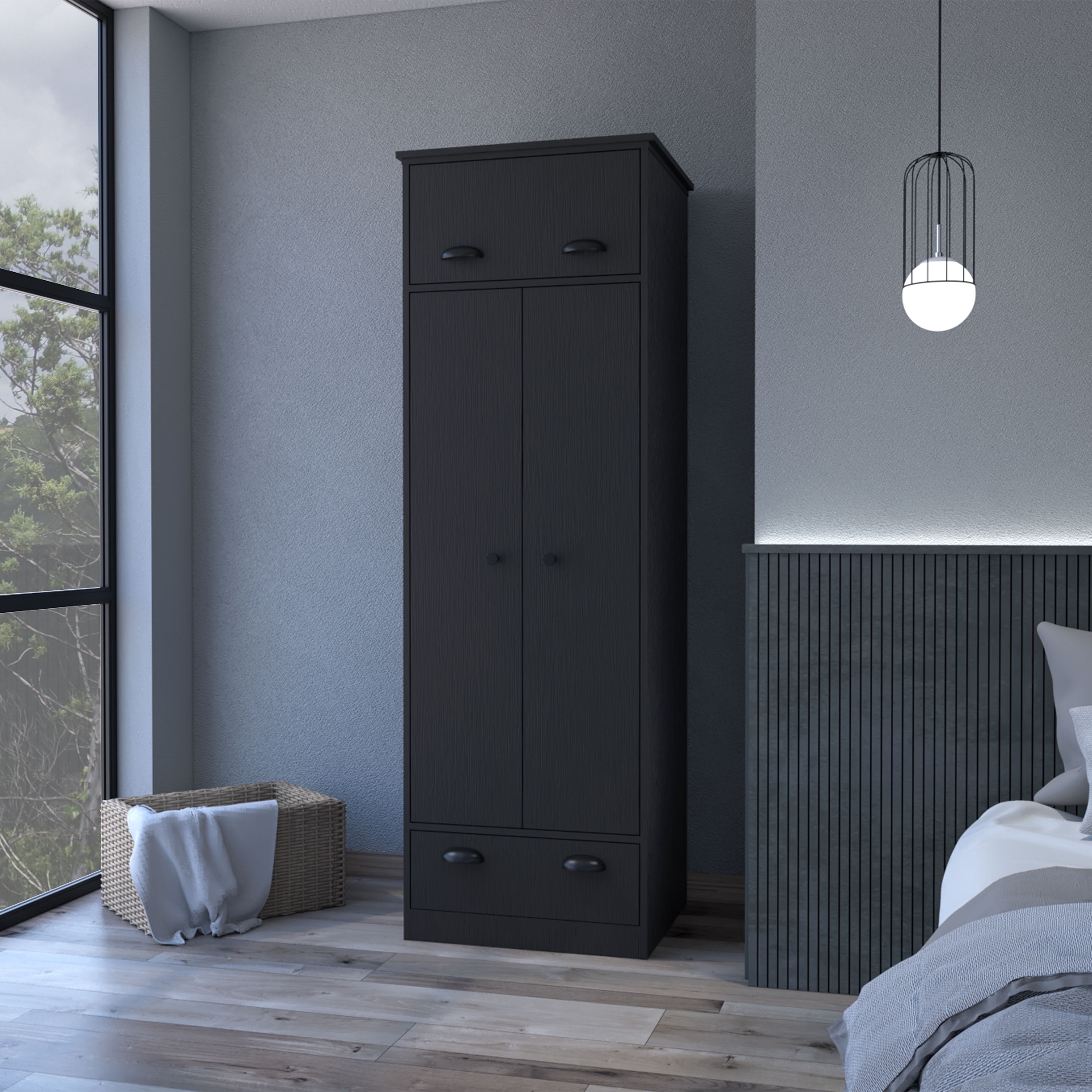Lakewood Double Door Armoire with Drawer - Black Storage Cabinet for ...