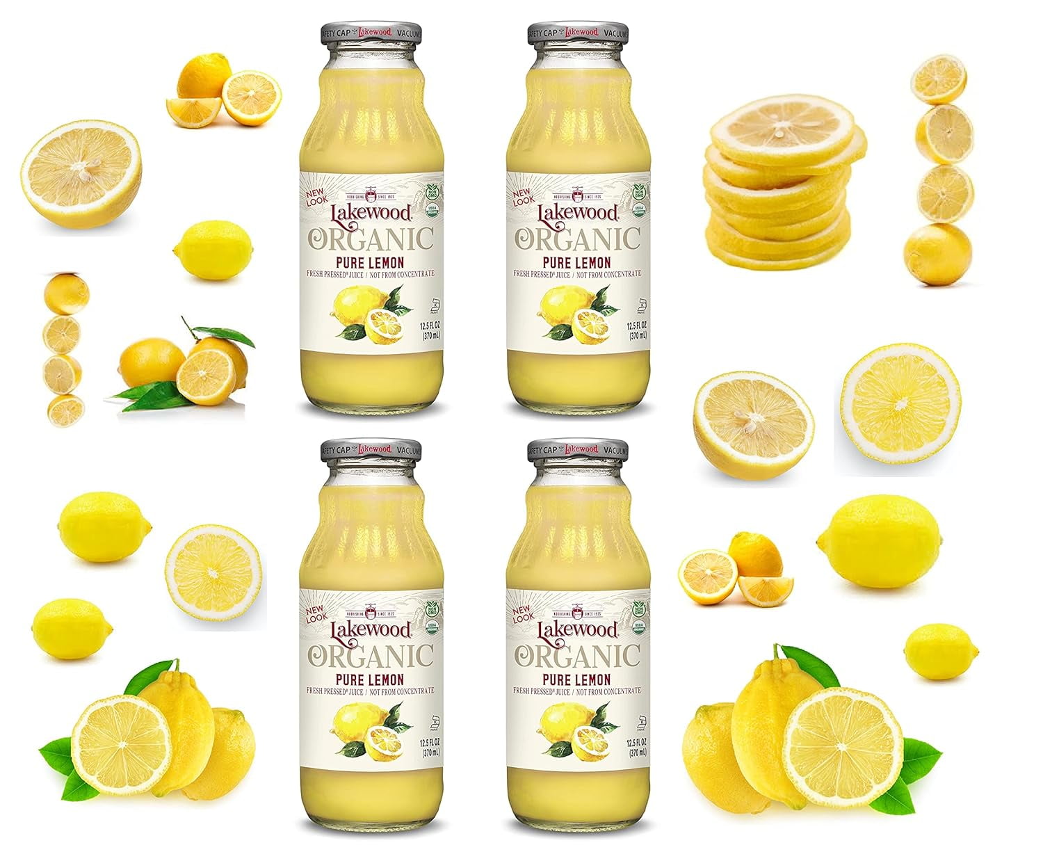 Lakewood Organic Fresh Pressed Pure Lemon Juice 4 Glass Bottles 12.5 FL ...