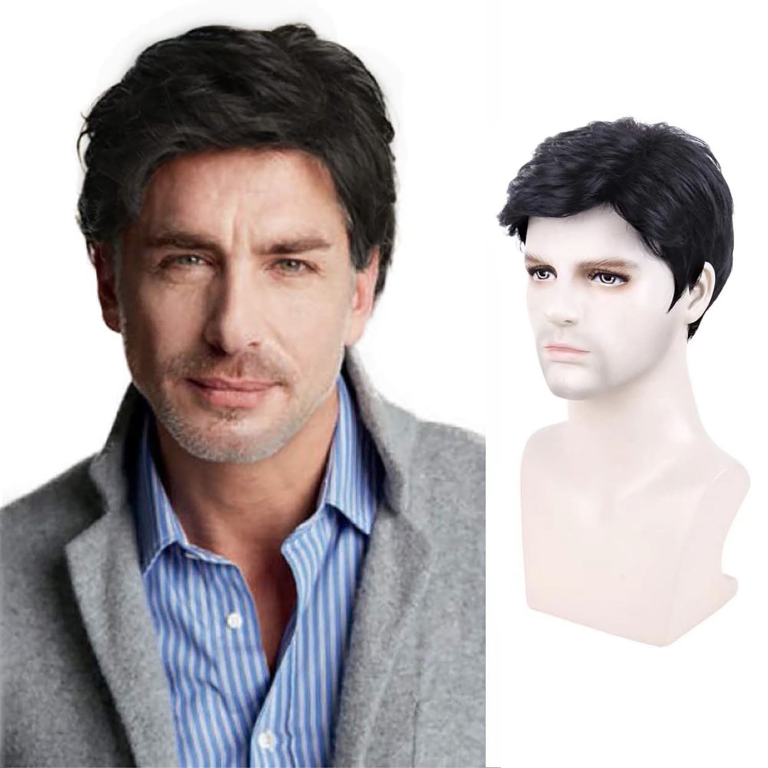 Lakihair Men's Short Wavy Layered Black Wig - Natural Realistic for ...