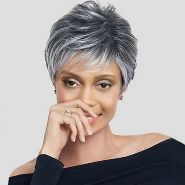 PHOCAS Short Gray Pixie Wigs, Ombre Short Grey Wigs Pixie Cut Layered ...