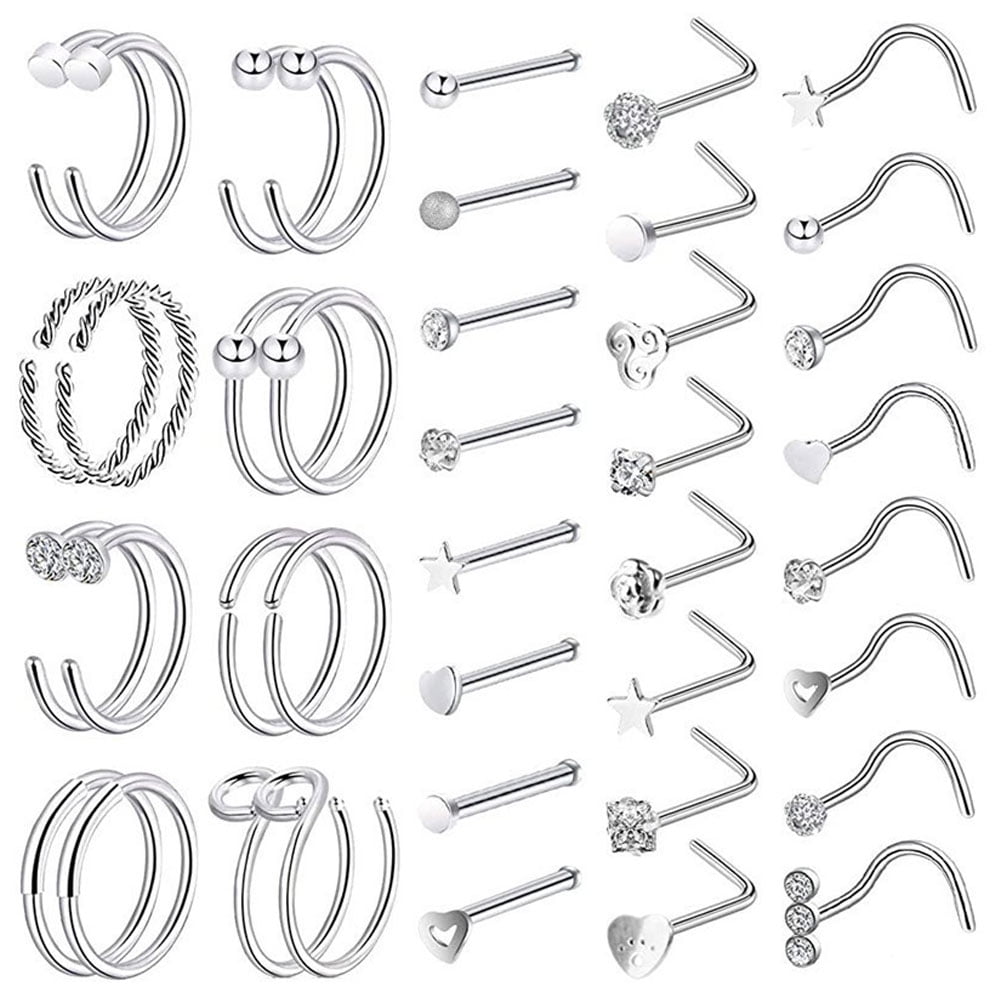 Laklulu 40-piece steel titanium puncture nose ring C-shaped U-shaped ...
