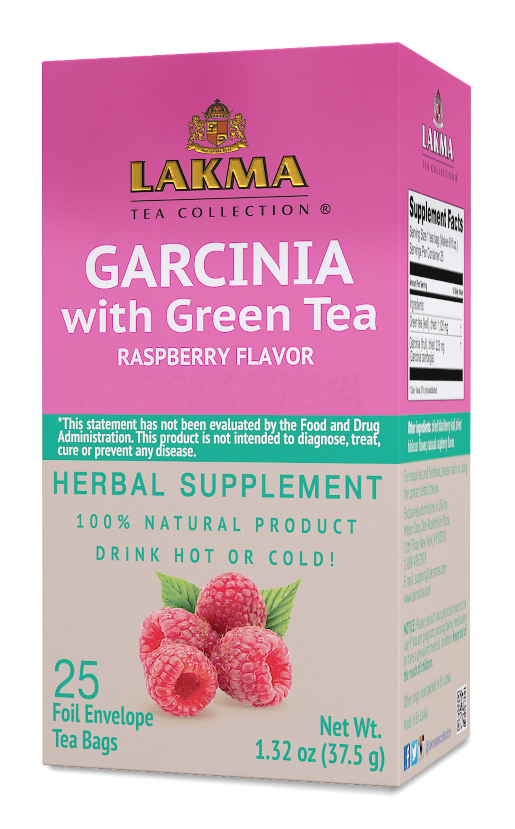 Lakma Tea Garcinia Cambogia Green Tea, Raspberry Flavor, 25 Tea Bags ...