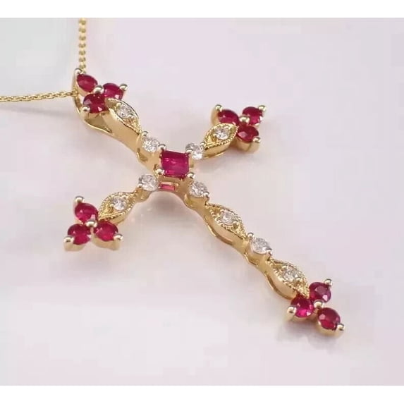 Lakshya Jewel LLC Round Cut Lab-Created Red Ruby Women's Cross Pendant ...