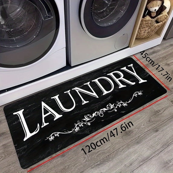 Lakwi Black & White "LAUNDRY" Text Mat, Non-Slip Machine-Washable Soft ...