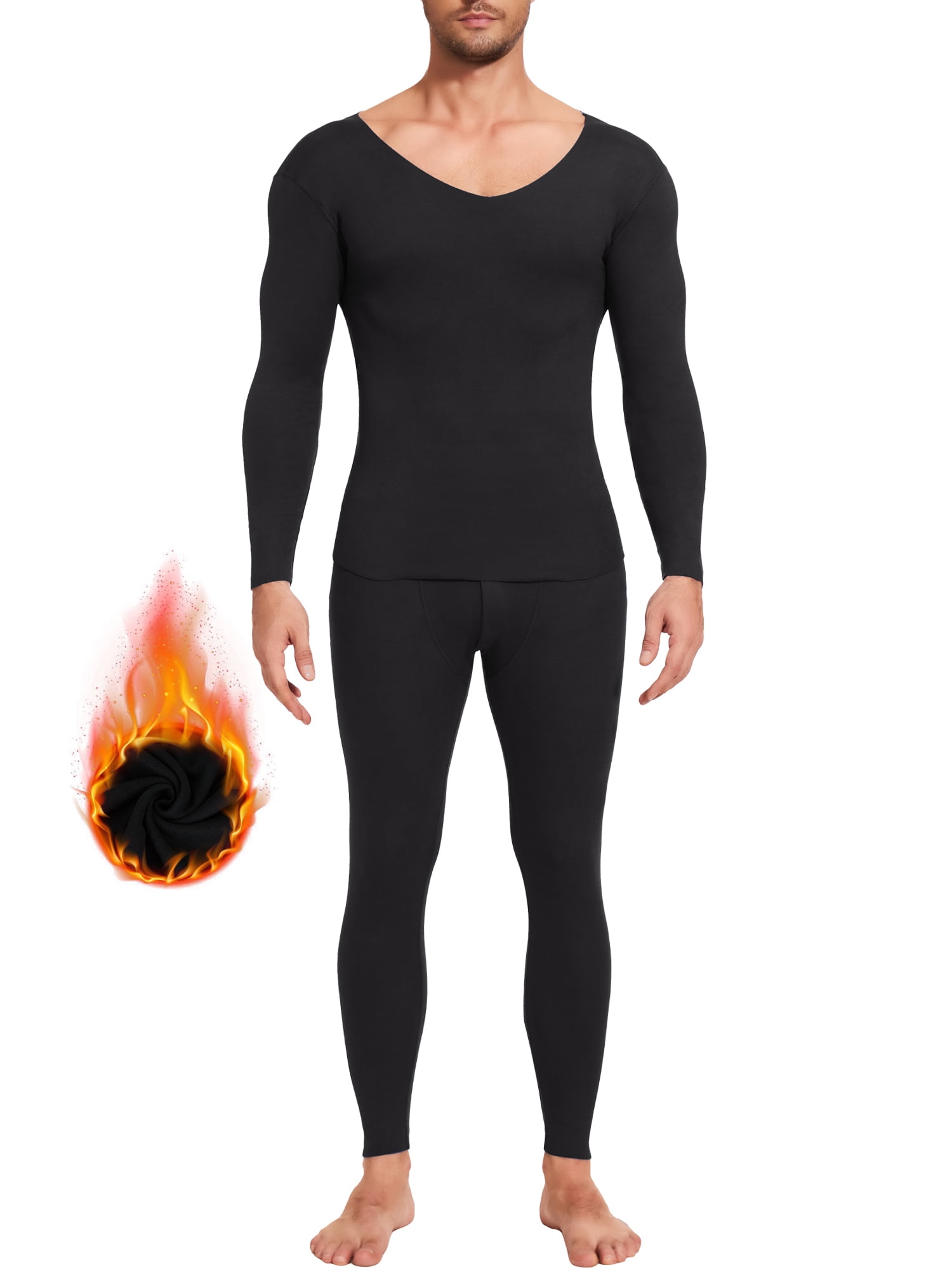 Lalamelon Men's Thermal Underwear Sets Fleece Lined Base Layer V Neck ...