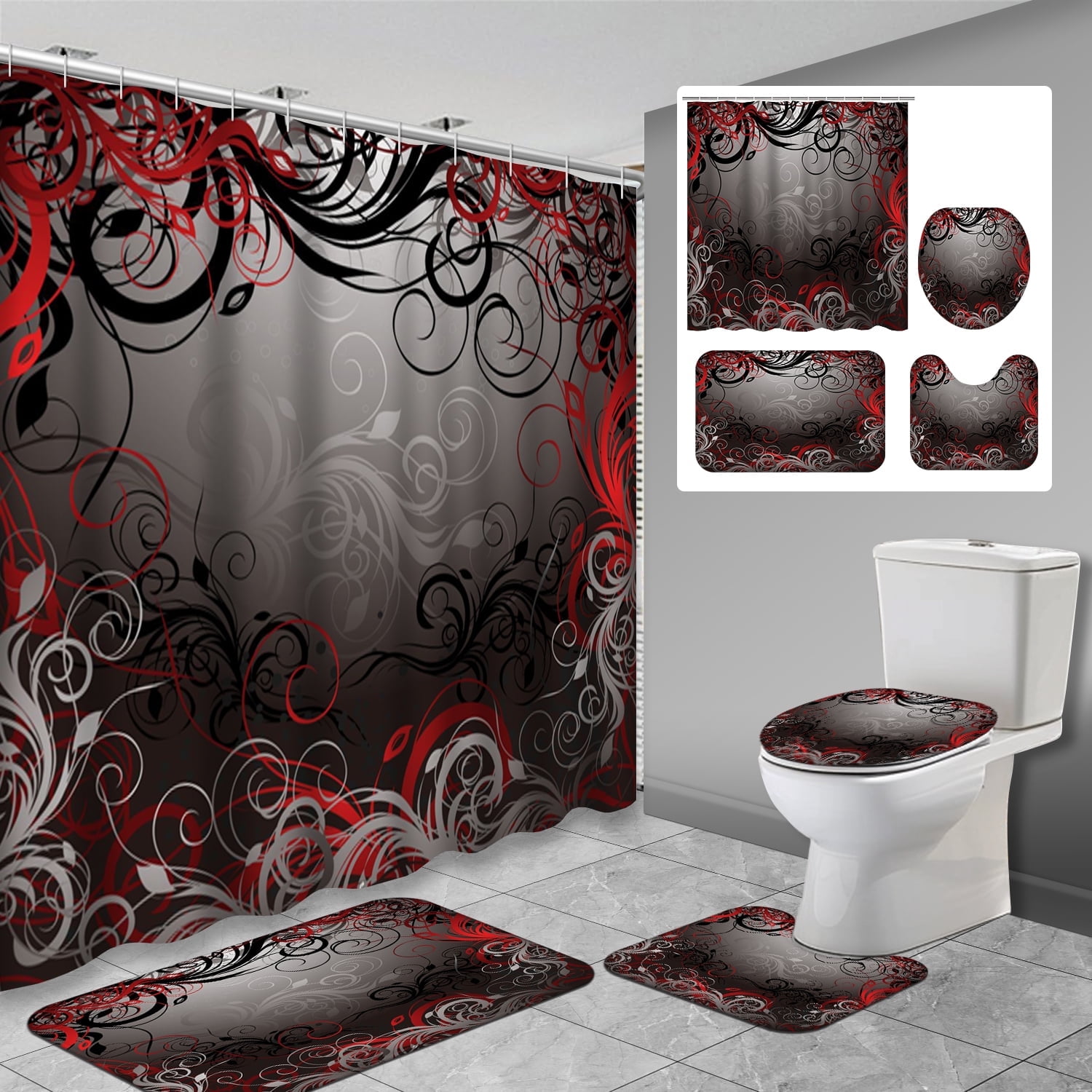 Lalilo 4 Pcs Black Red Shower Curtain Sets with Rugs for Bathroom Decor ...