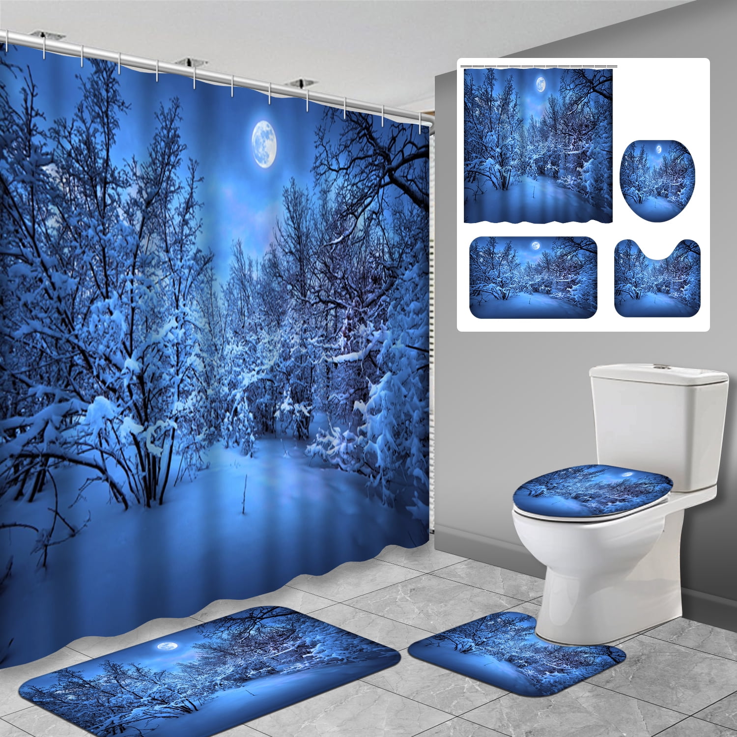 Lalilo 4 Pcs Wood Forest Moon Shower Curtain Sets with Rugs for ...